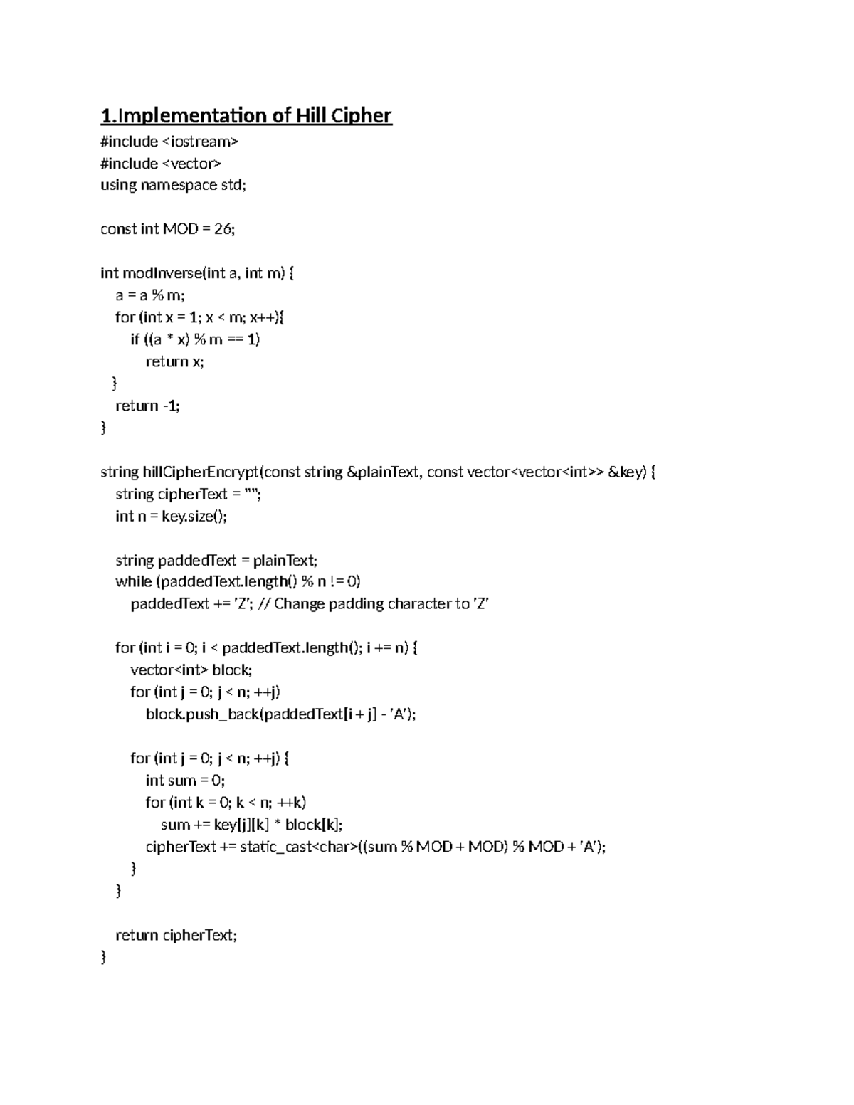Cryptography Practical - 1 of Hill Cipher #include #include using - Studocu