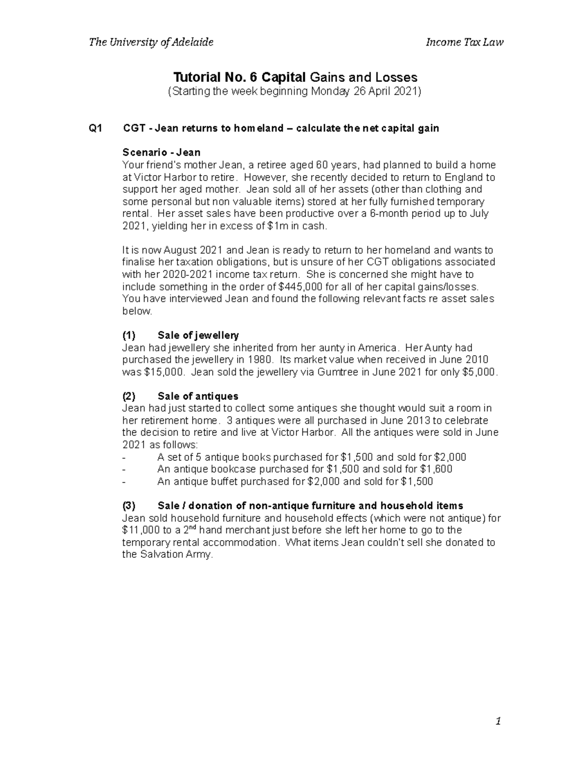 Tutorial No 6 Capital Gains and Losses - Tutorial No. 6 Capital Gains ...