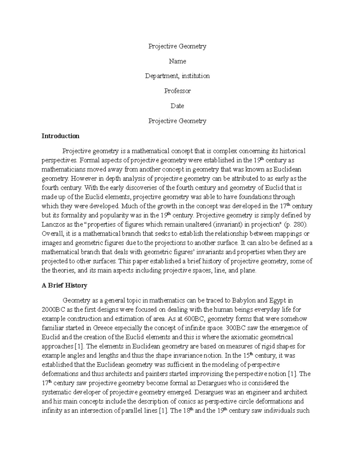 Projective Geometry - Projective Geometry Name Department, institution ...