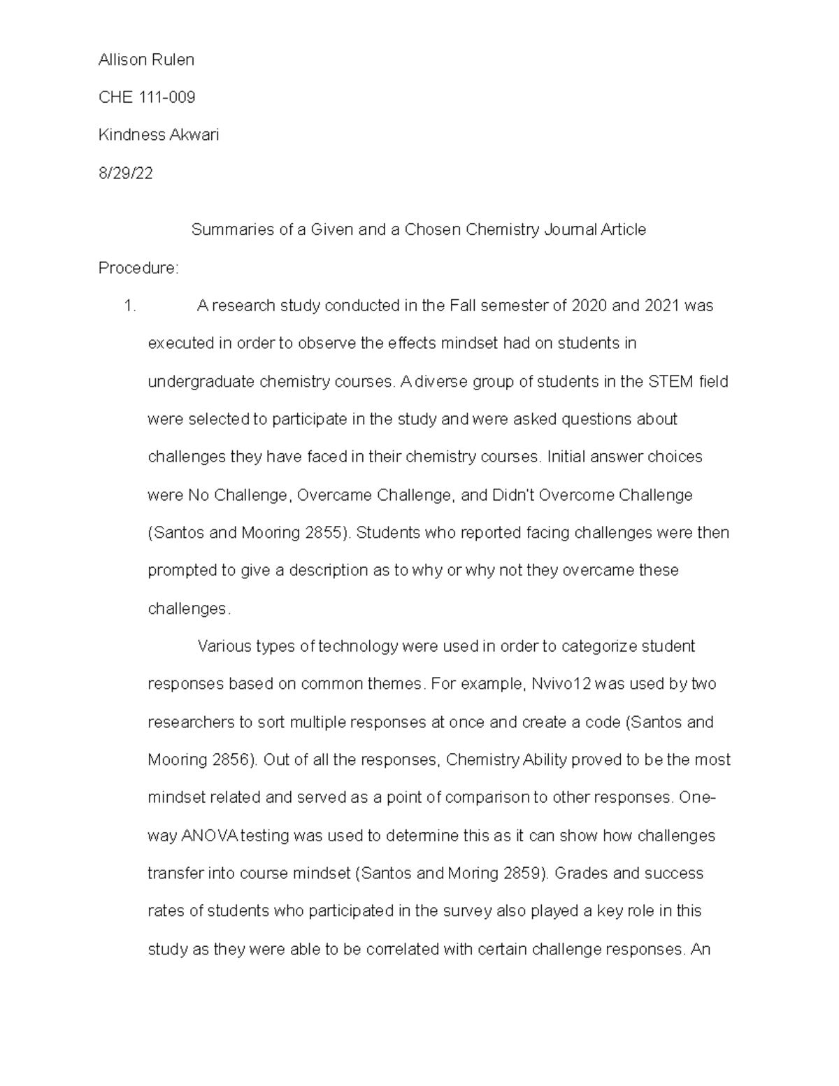 lab number 1 report - CHE 111- Kindness Akwari 8/29/ Summaries of a ...