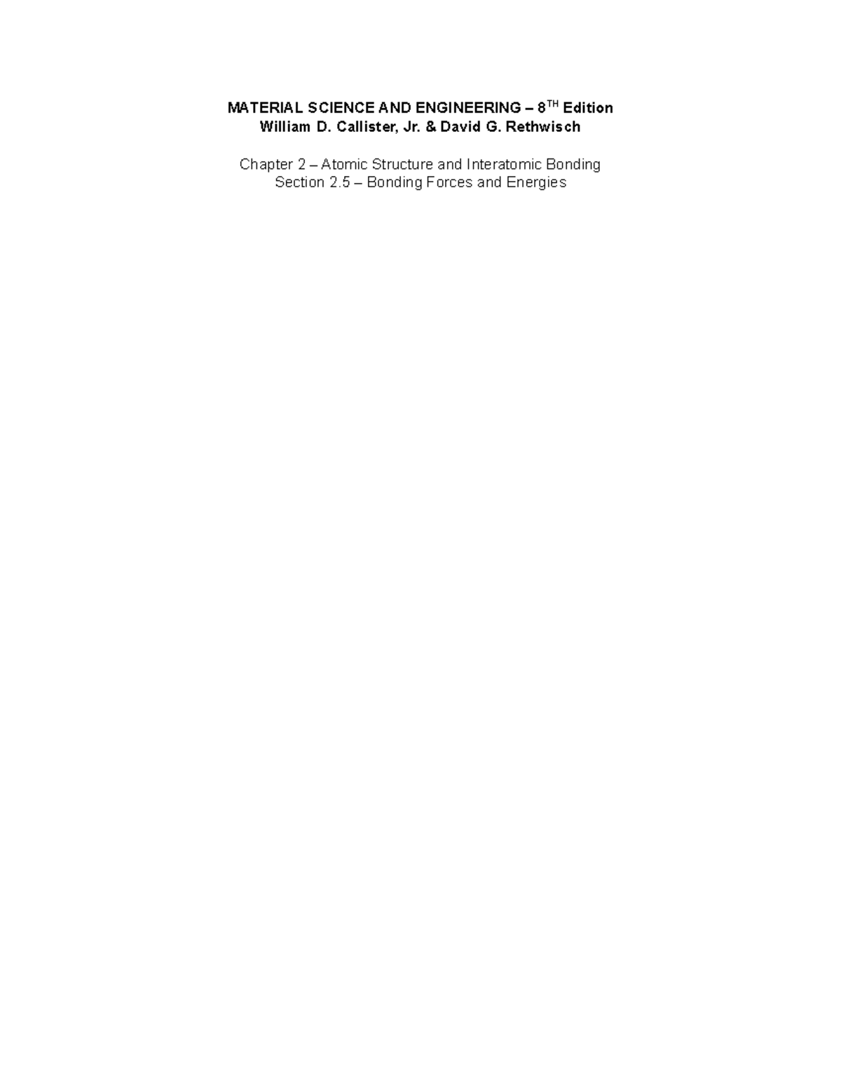 Chapter 2 - Atomic Structure and Interatomic Bonding (Chapter 2.5 - 2.8 Summary) - MATERIAL ...