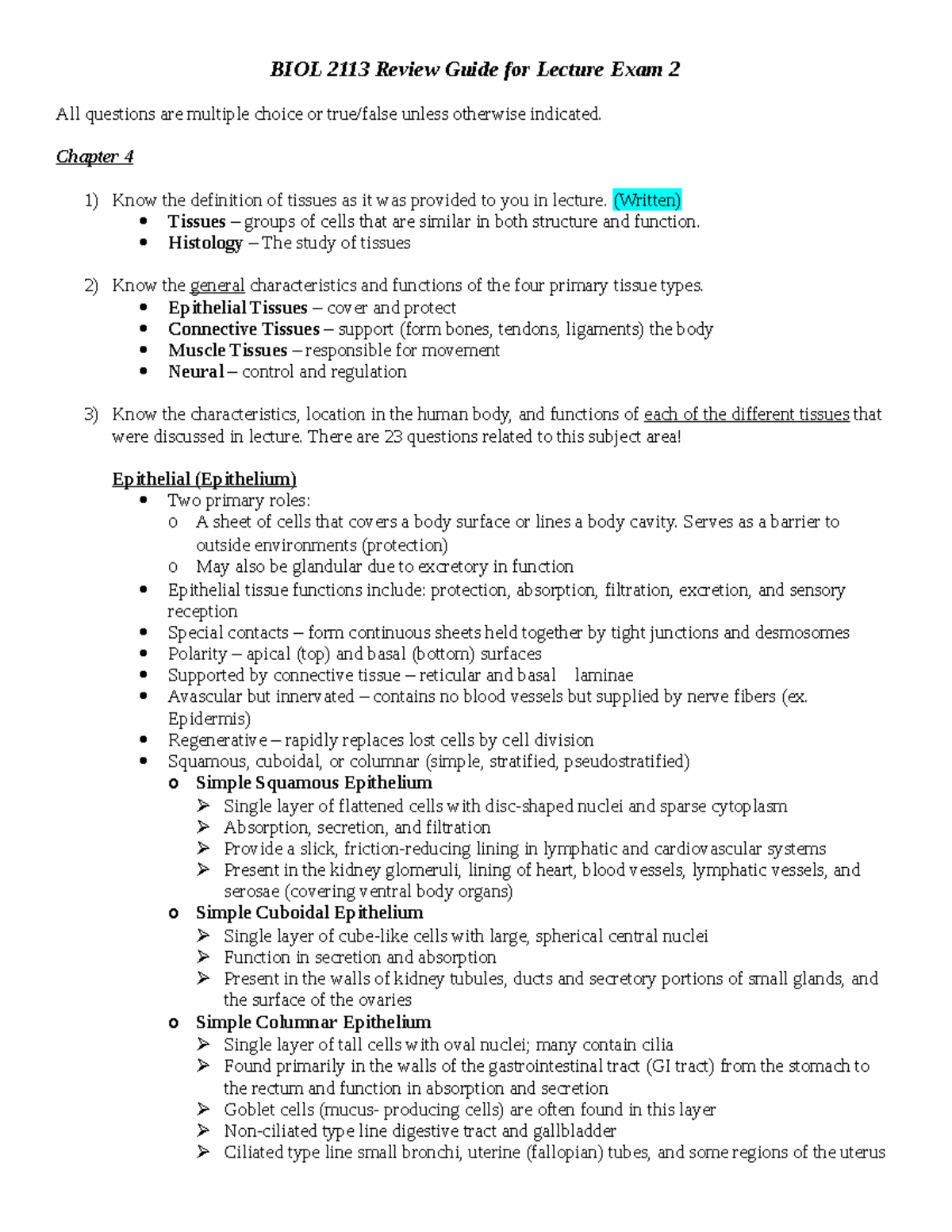 BIOL 2113 Lecture Review Guide exam 2 - BIOL 2113 Review Guide for Lecture Exam 2 All questions ...