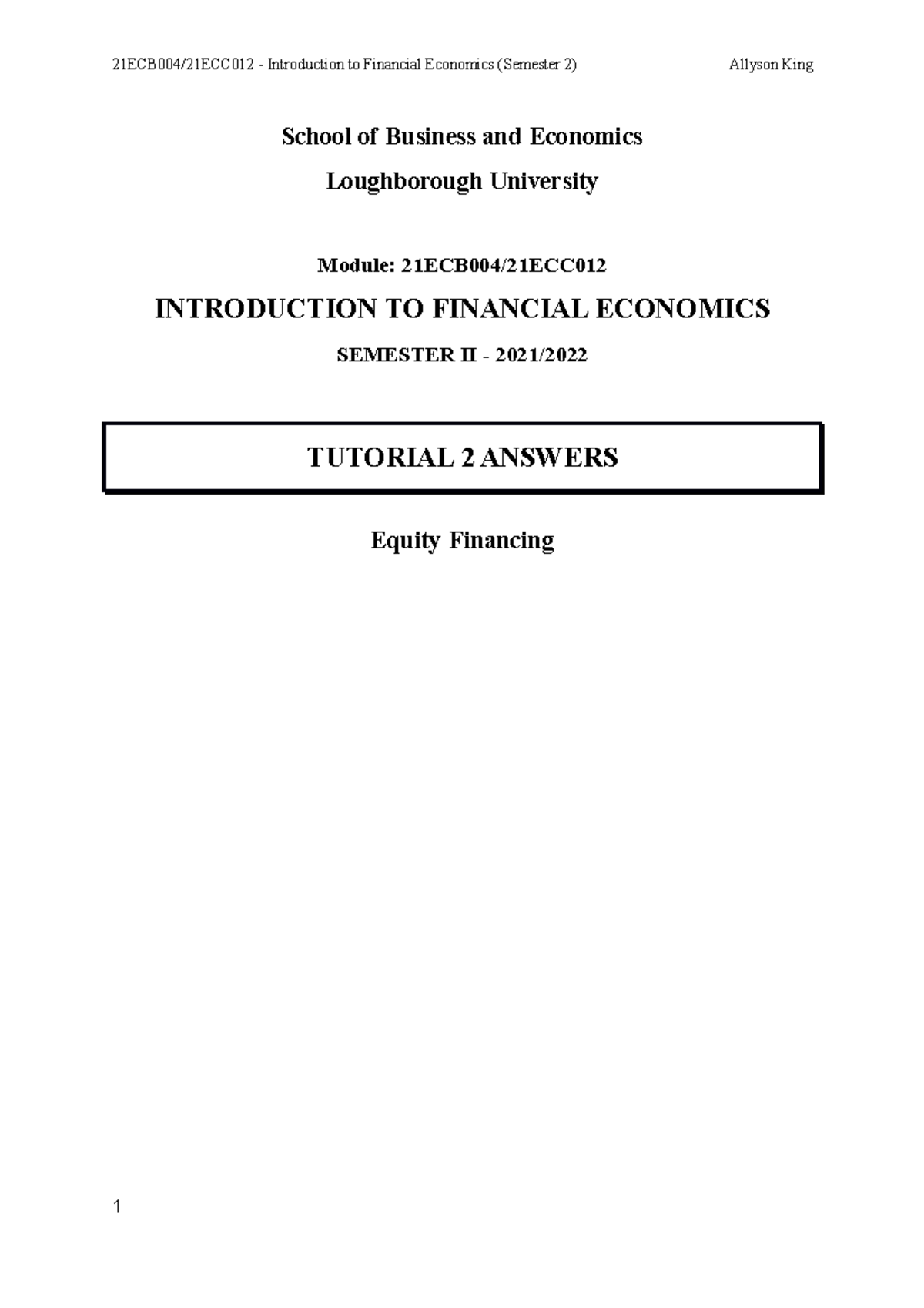 Tutorial 2 Answers - School of Business and Economics Loughborough ...