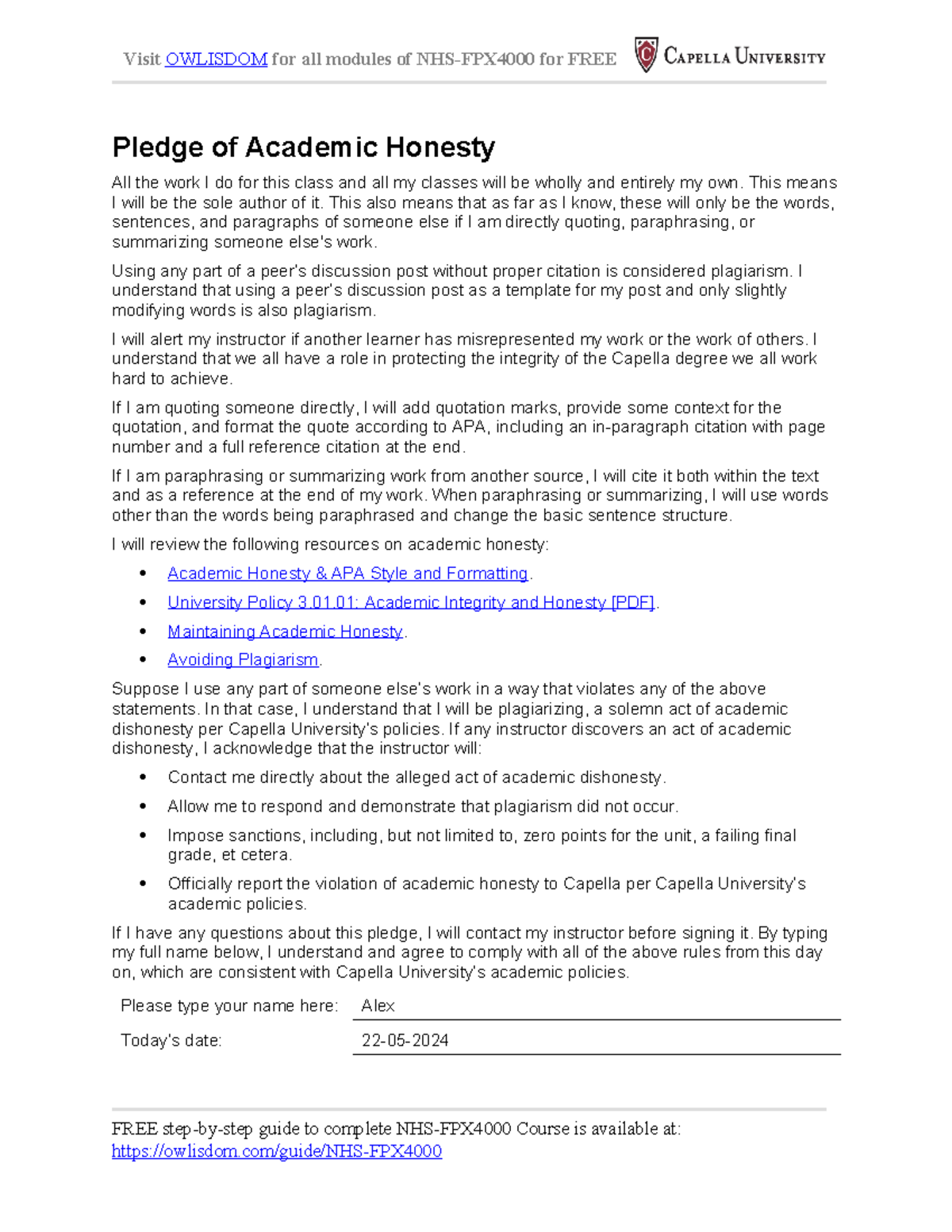 NHS-FPX4000 Assessment 1 Pledge of Academic Honesty - Visit OWLISDOM ...