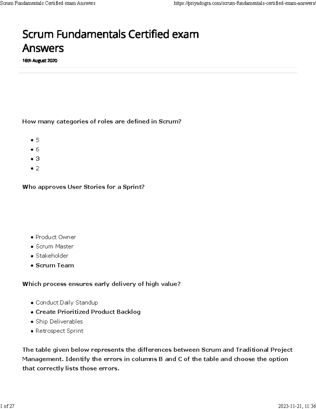 Scrum Fundamentals Certified exam Answers - How many categories of ...