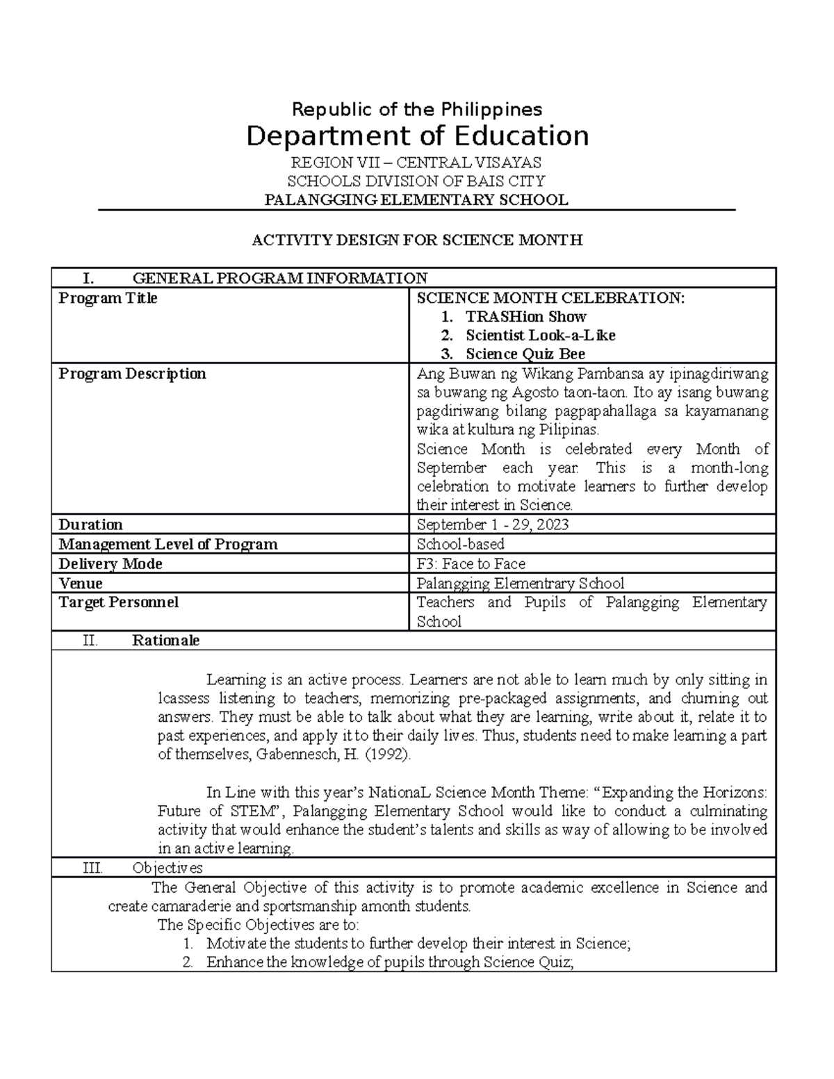 Activity Design IN Science Palangging ES - Republic of the Philippines ...