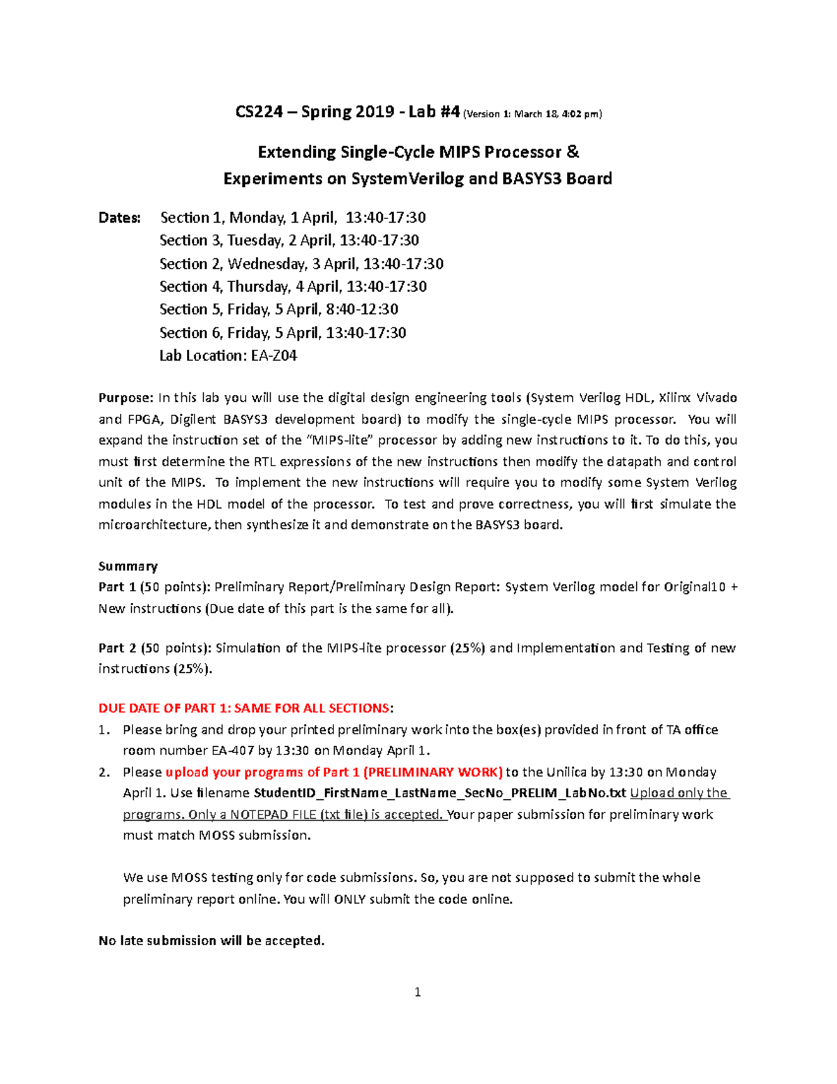 Lab4Spring 19v1 - Fourth Lab of CS224 - CS224 – Spring 2019 - Lab #4 (Version 1: March 18, 4:02 ...