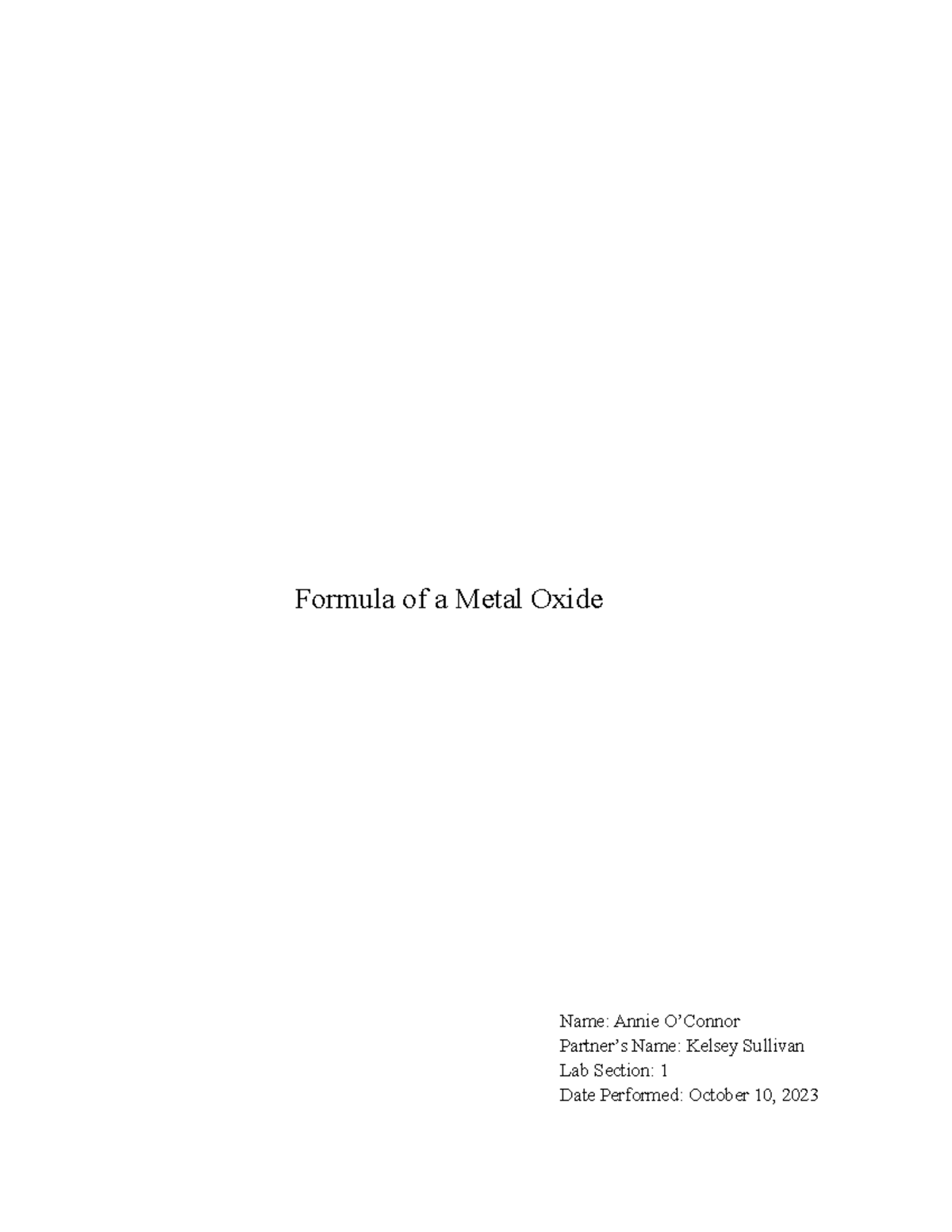Lab #6 CHE 101L Formula of a Metal Oxide - Formula of a Metal Oxide ...
