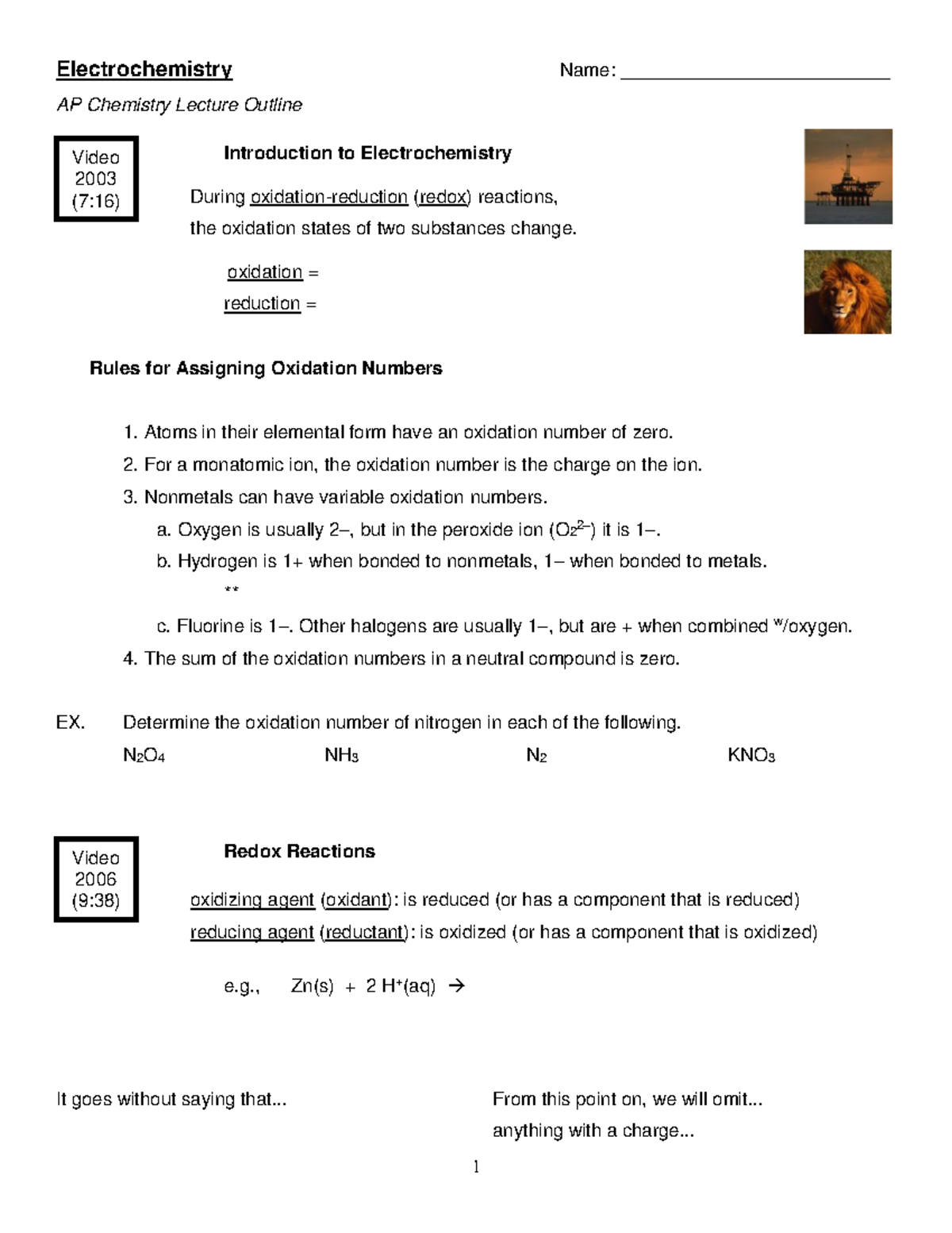 Electro chemistry - Instructor given notes. - Electrochemistry Name