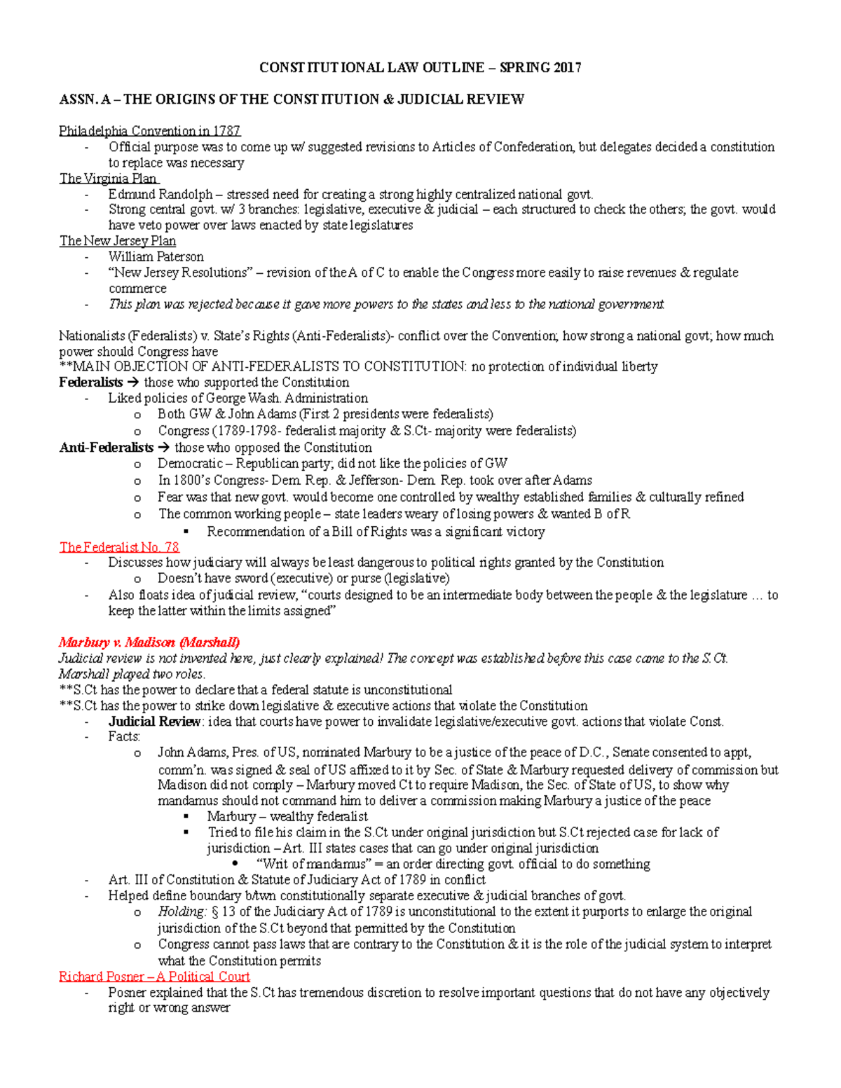 Con Law Outline 2 - CONSTITUTIONAL LAW OUTLINE – SPRING 2017 ASSN. A ...