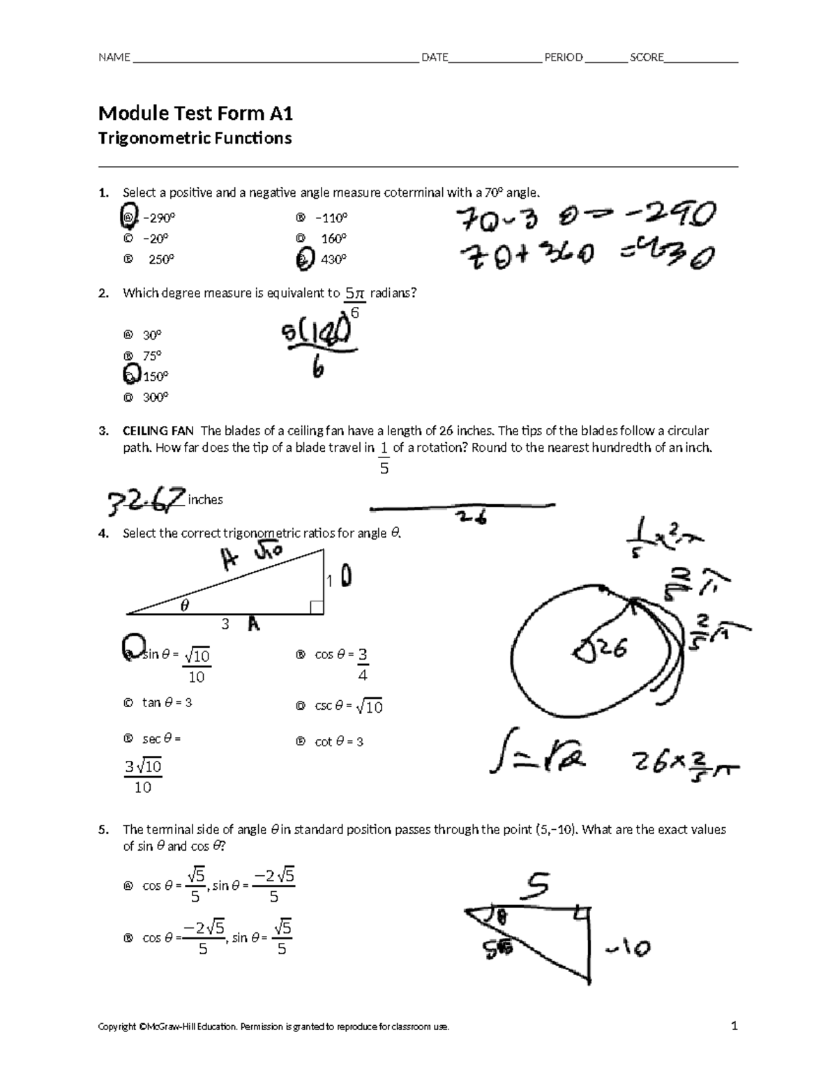 Form A M9 copy - Sffff - Module Test Form A Trigonometric Functions 1 1 ...