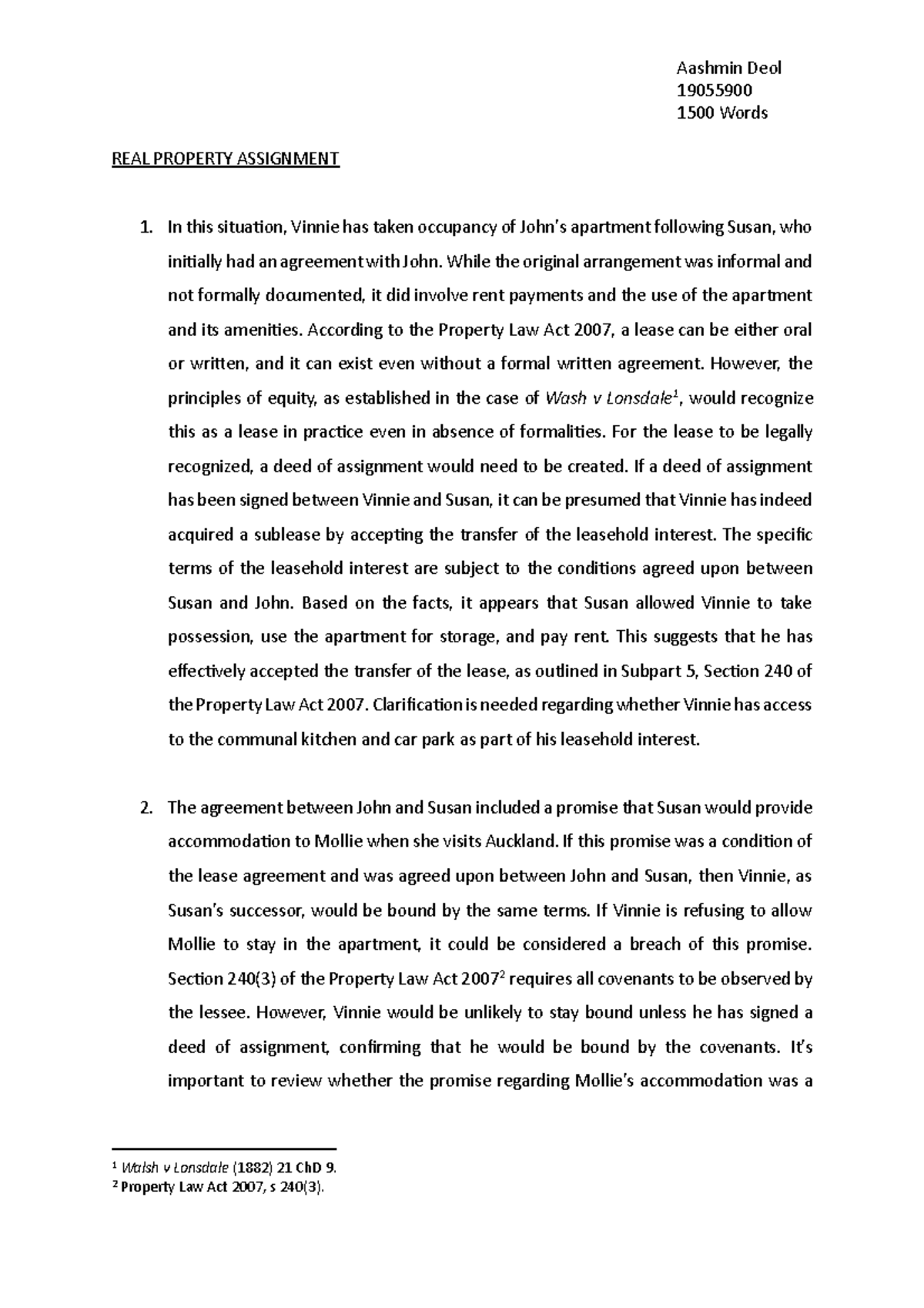 REAL Property Assignment - 19055900 1500 Words REAL PROPERTY ASSIGNMENT In this situation ...