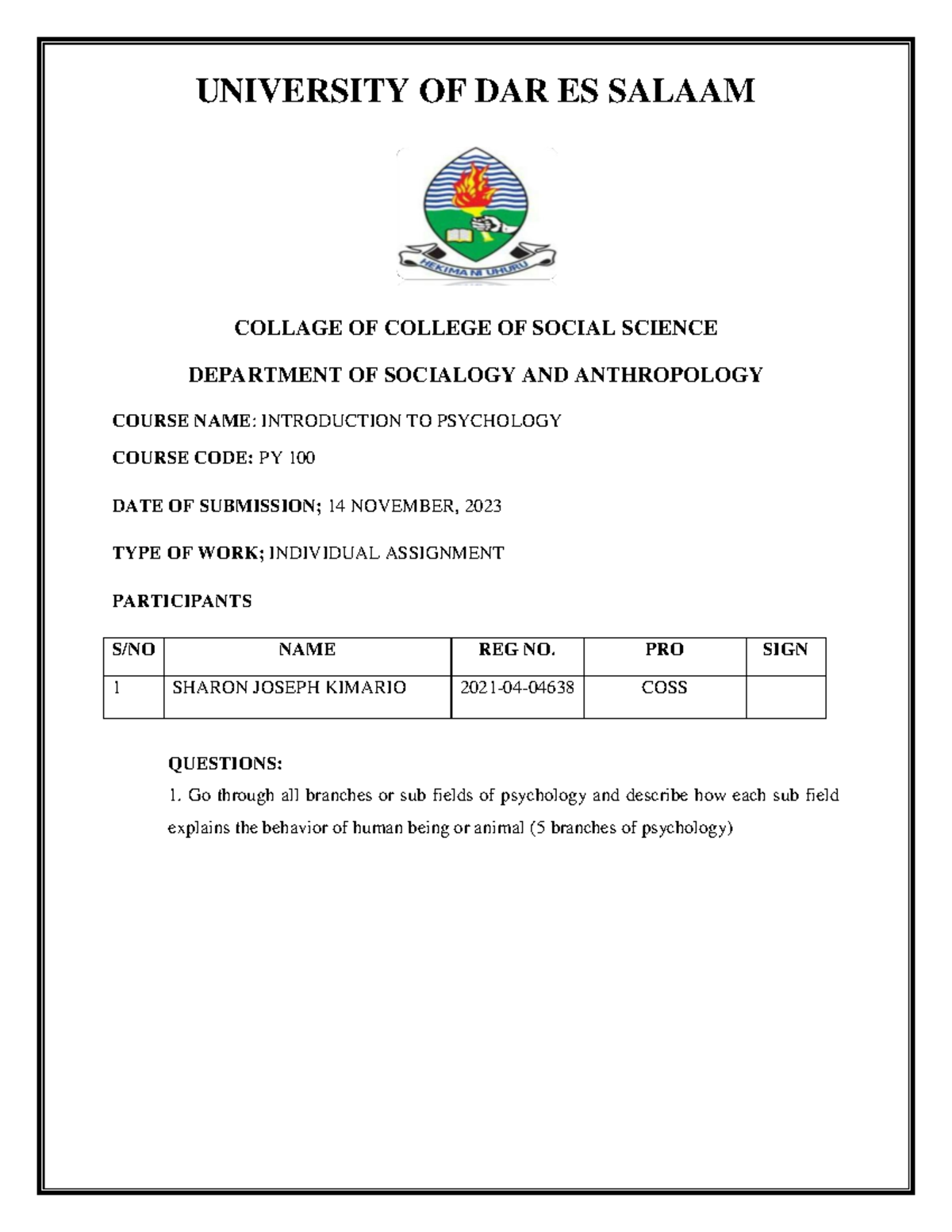 Compelete - UNIVERSITY OF DAR ES SALAAM COLLAGE OF COLLEGE OF SOCIAL ...