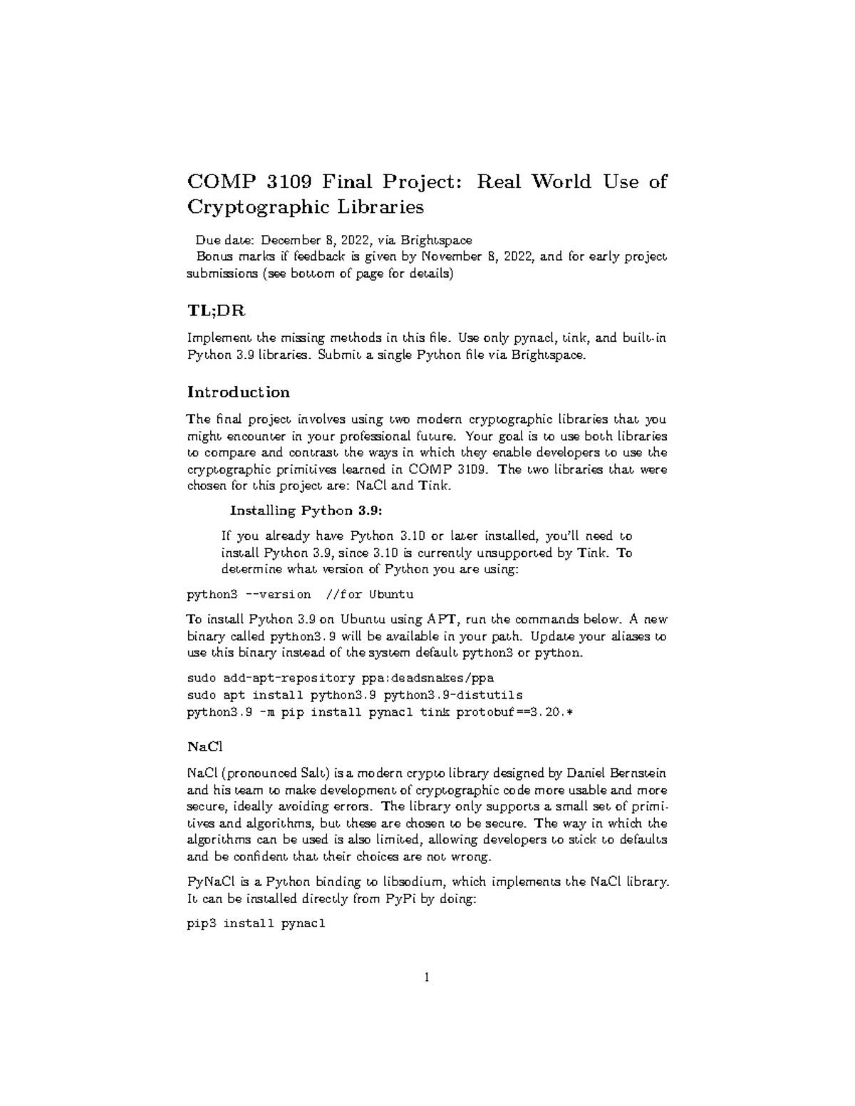Finalproject - final project instructions - COMP 3109 Final Project ...