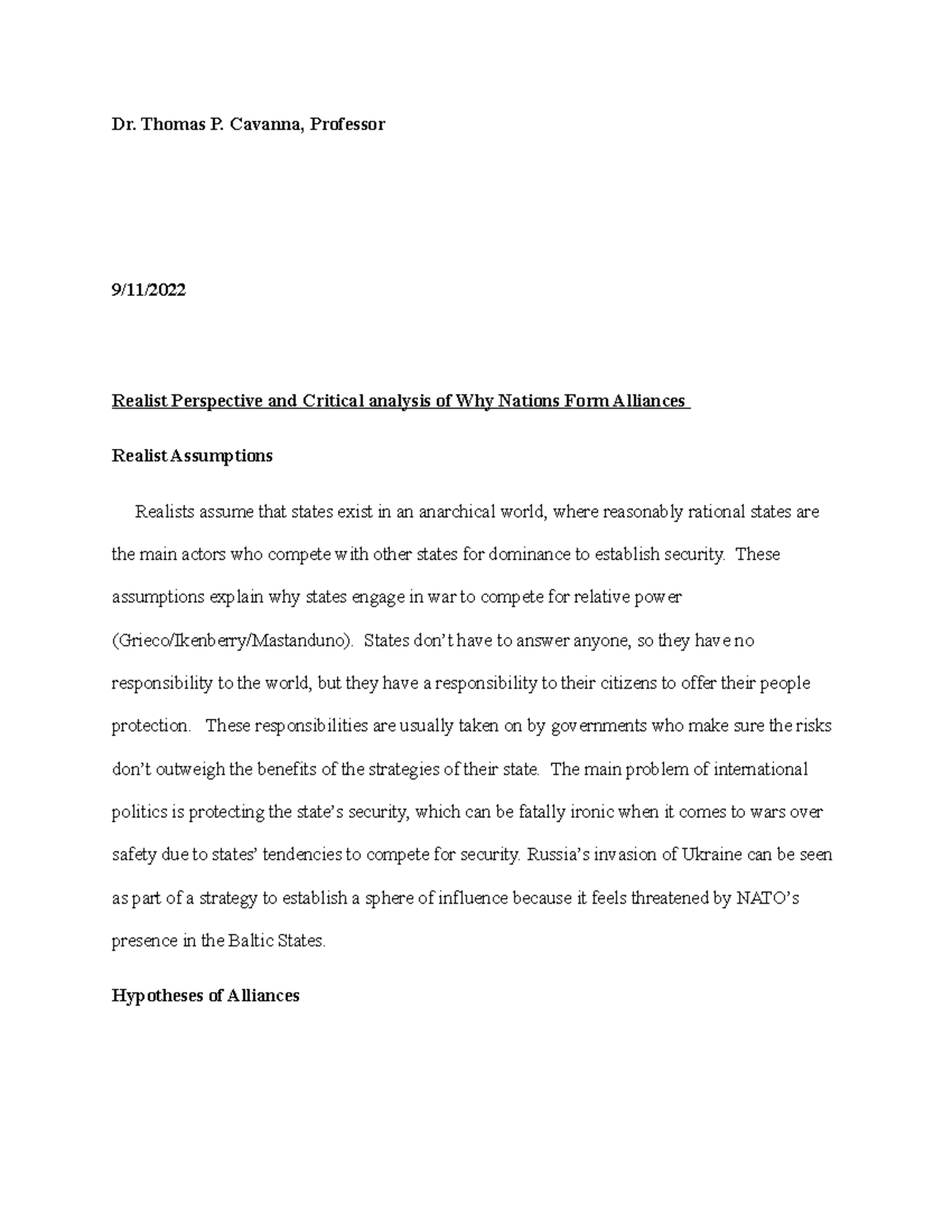 Reading Response Memo class 7 - Dr. Thomas P. Cavanna, Professor 9/11 ...