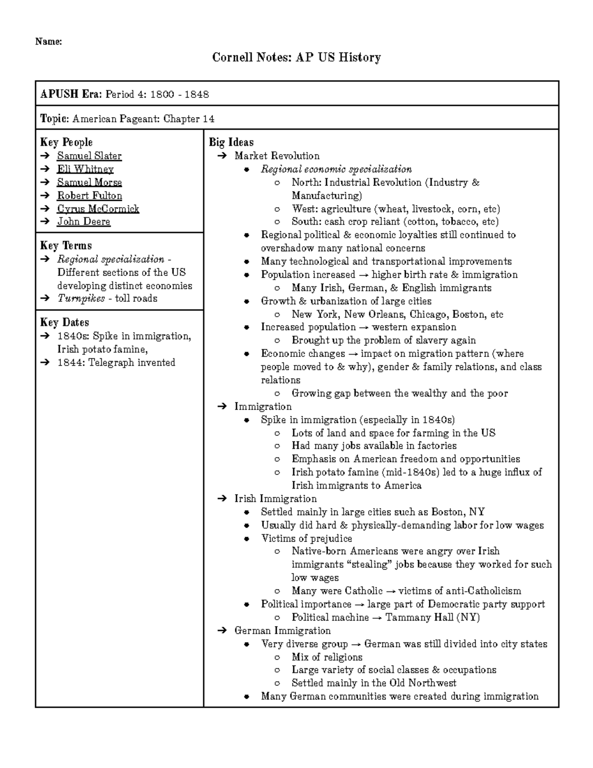 Copy of Apush: Cornell Notes - Period 4 (Chapter 14) - Name: Cornell ...