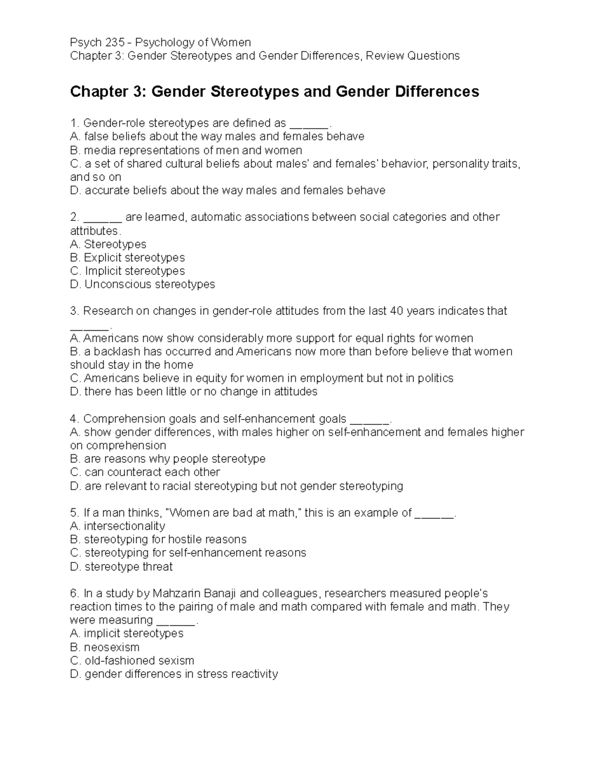 Chapter 3 Review Questions - Chapter 3: Gender Stereotypes and Gender ...