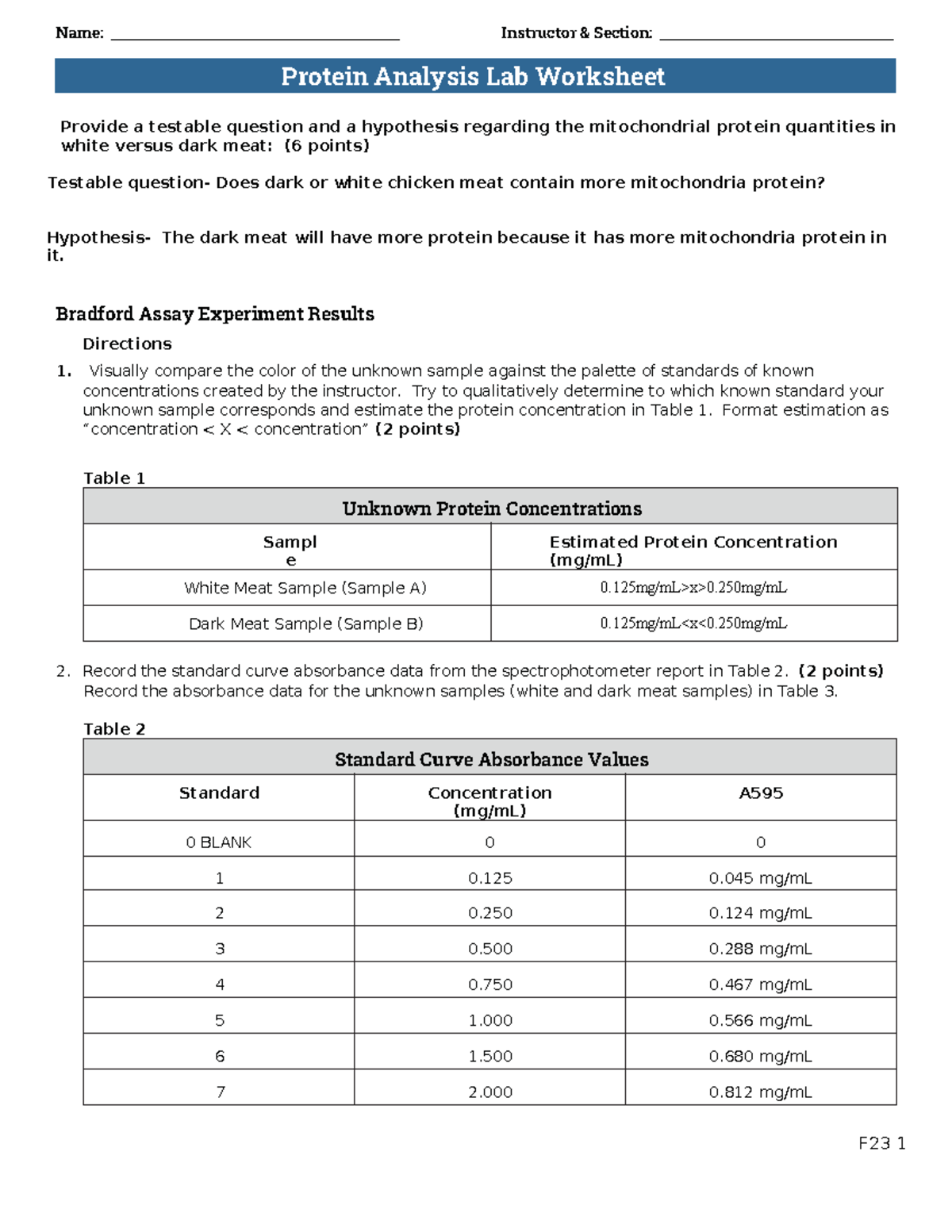 Protien Anaylsis Lab - Name: Instructor & Section: Protein Analysis Lab ...