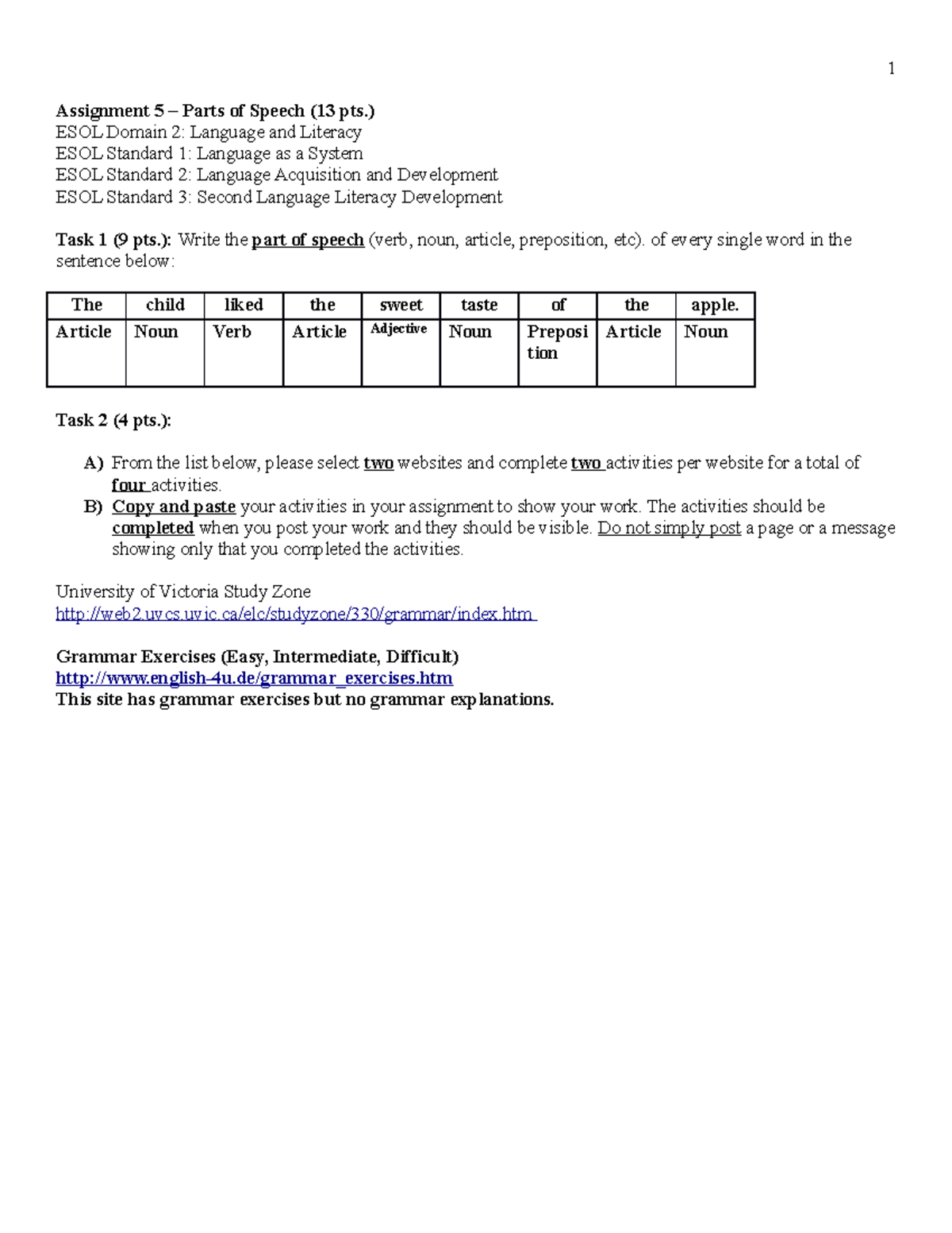 Parts of Speech TSL4240 - Assignment 5 – Parts of Speech (13 pts.) ESOL ...