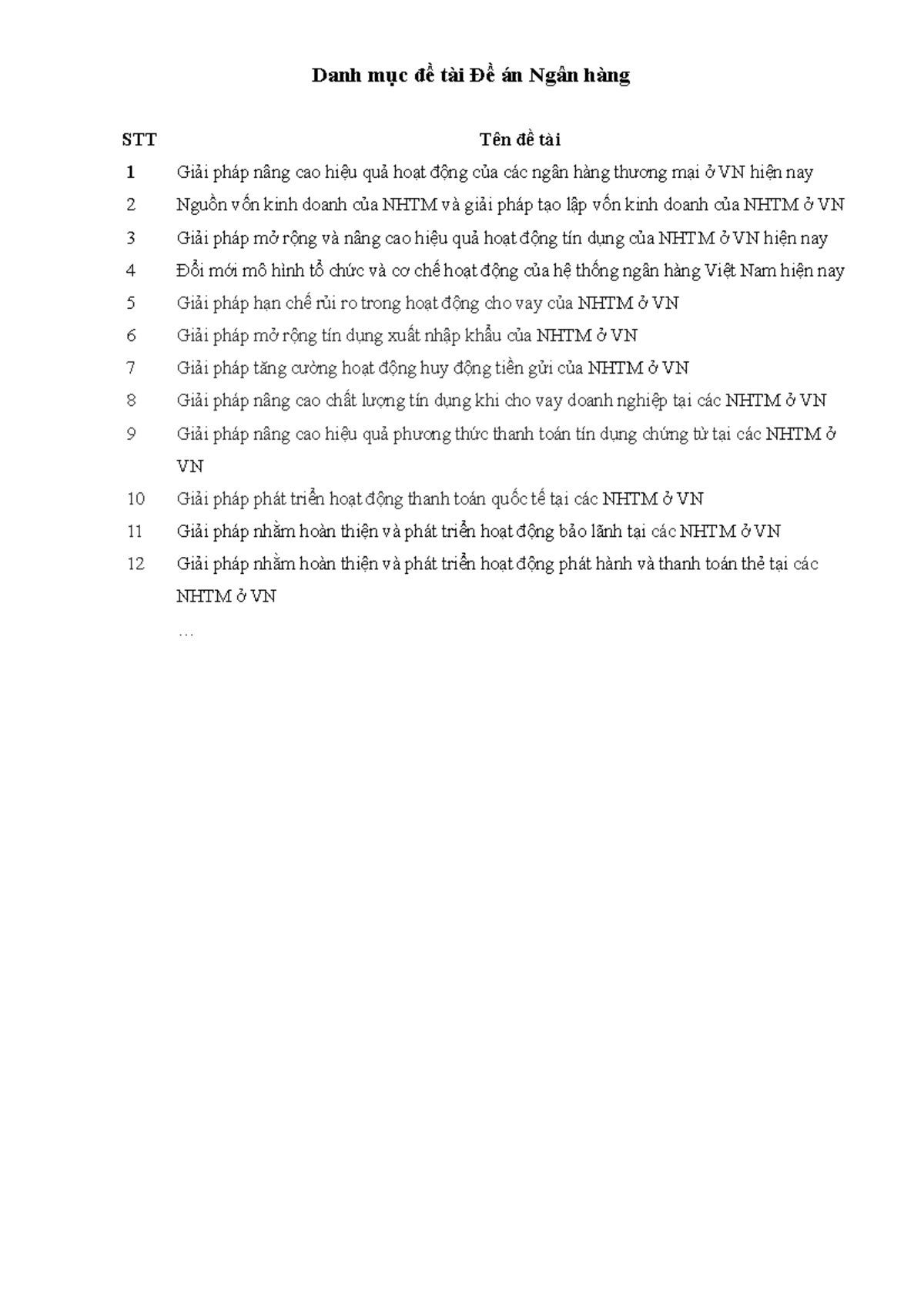 Danh mục đề tài Đề án NH - Danh mục đề tài Đề án Ngân hàng STT Tên đề tài 1 Giải pháp nâng - Studocu