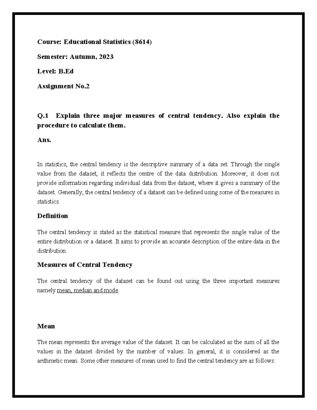 8614-2 A - aiou assignmnt - Course: Educational Statistics (8614) Semester: Autumn, 2023 Level ...