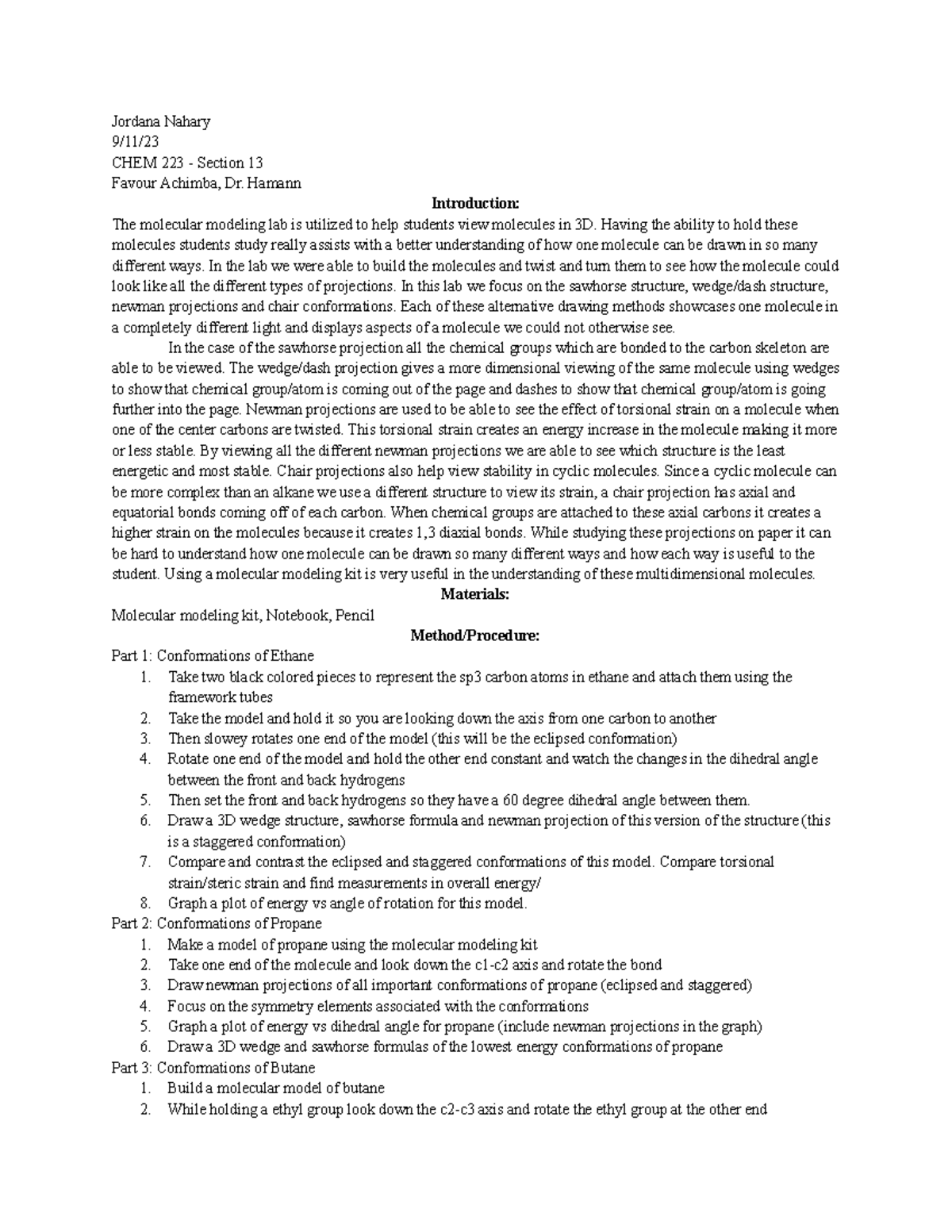 Lab Report 3 Molecular Modeling - Jordana Nahary 9/11/ CHEM 223 ...