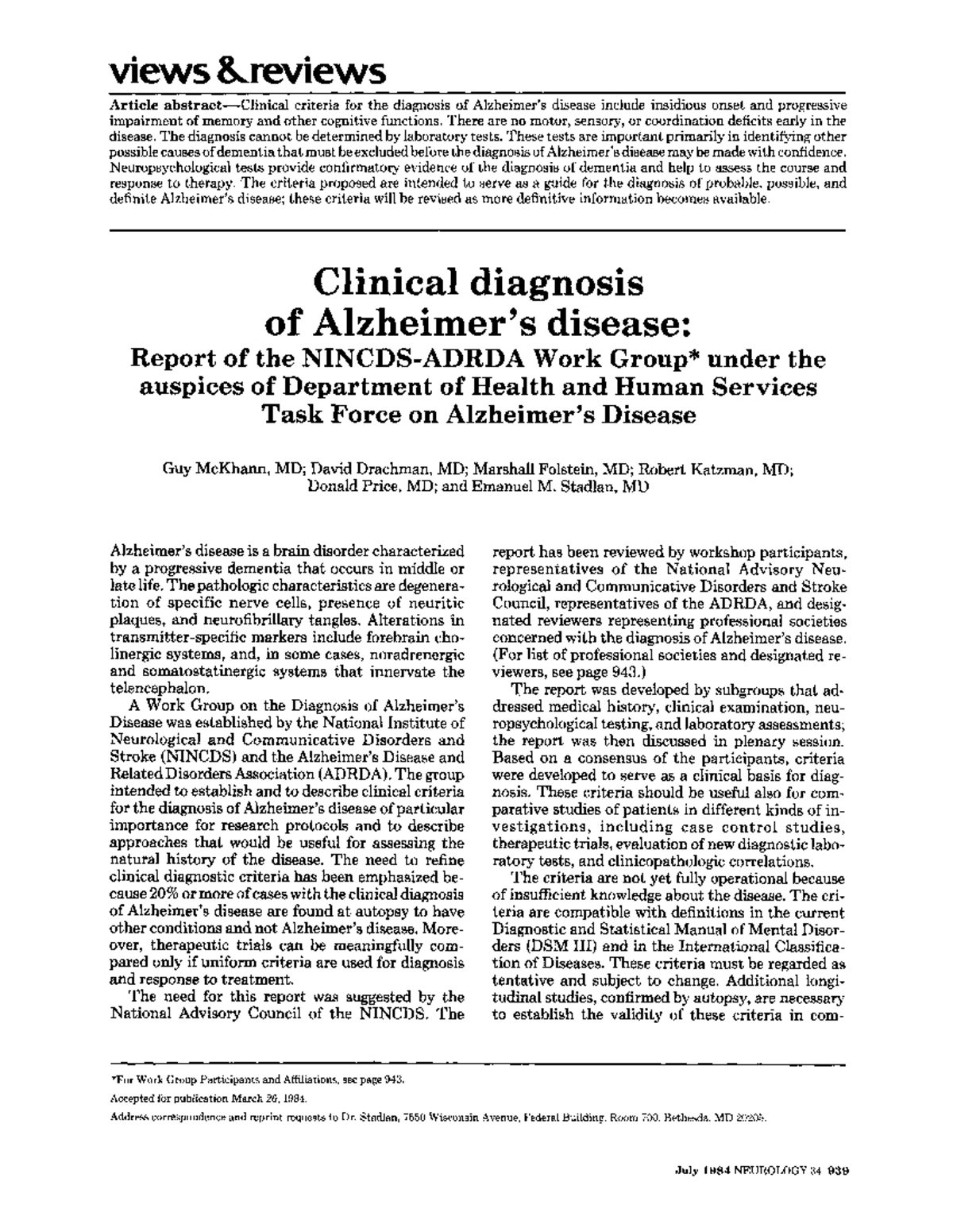 Clinical diagnosis of Alzheimers disease - views &reviewszyxw Article ...