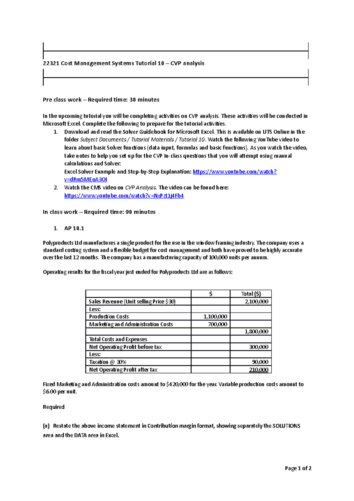 CMS Tutorial 10(1) - ... - 22321 Cost Management Systems Tutorial 10 ...