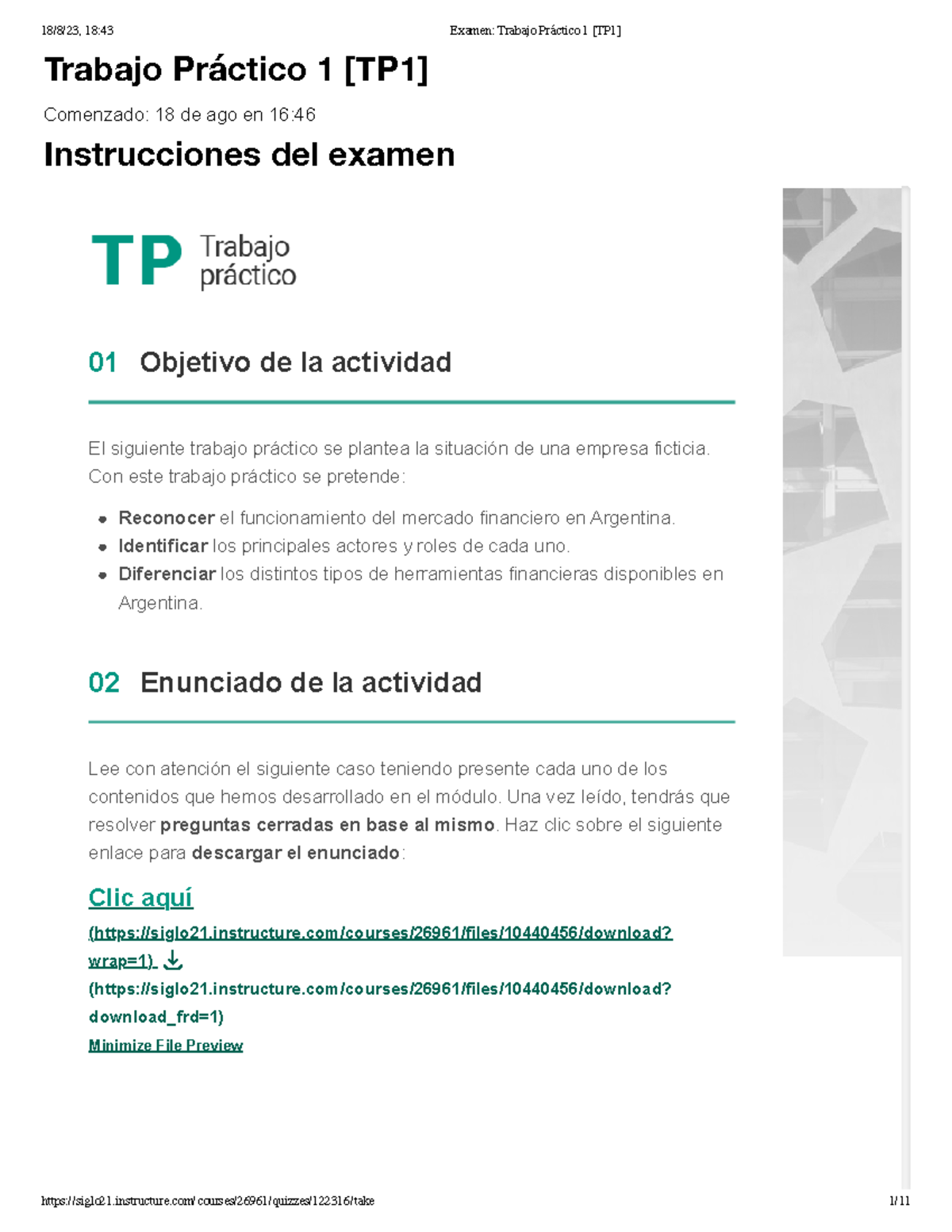 Examen Trabajo Práctico 1 [TP1] - Trabajo Práctico 1 [TP1] Comenzado: 18 de ago en 16 ...
