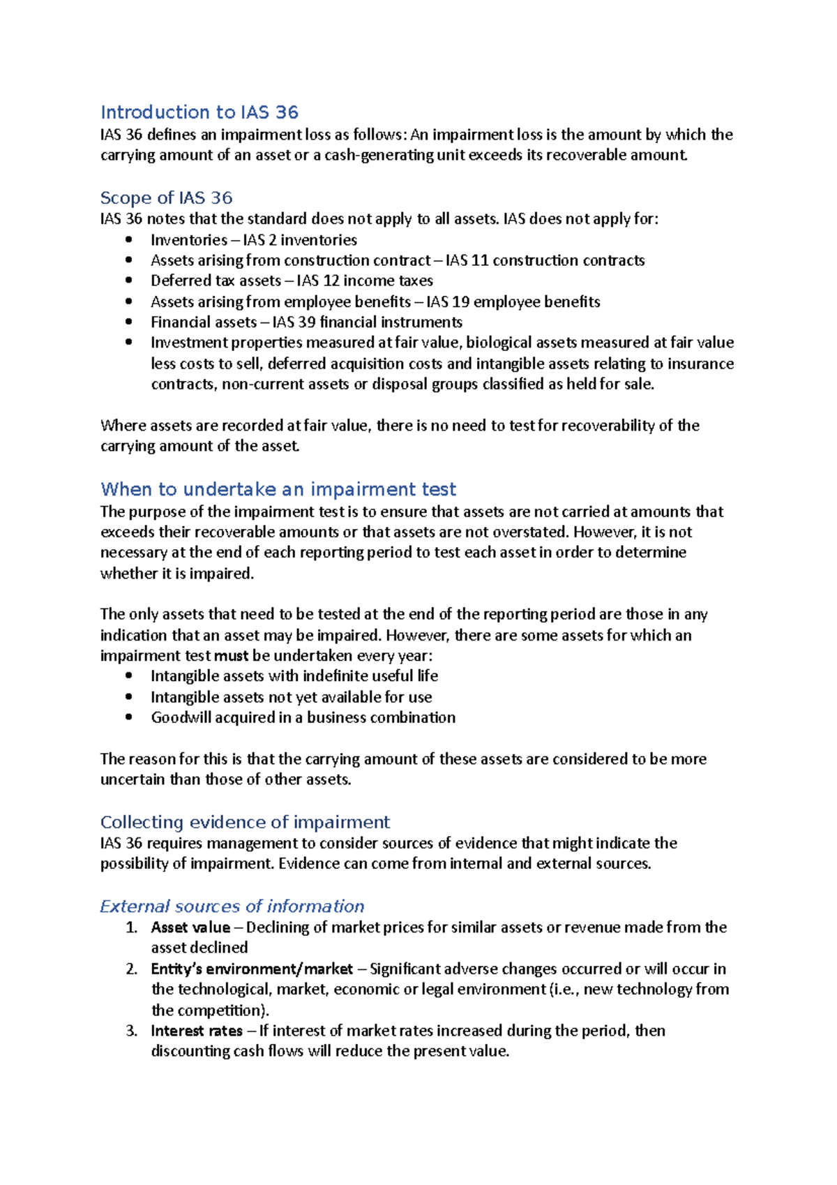 Impairment of assets samenvatting - Introduction to IAS 36 IAS 36 ...