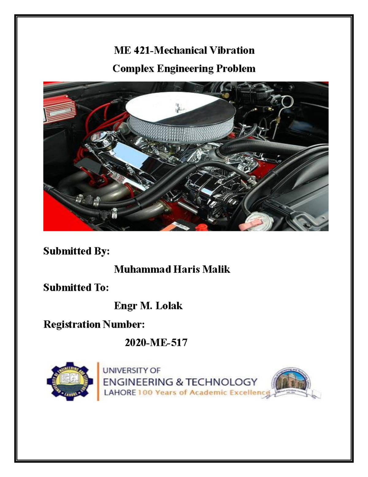 2020-ME-517 MV CEP - ME 421-Mechanical Vibration Complex Engineering Problem Submitted By ...