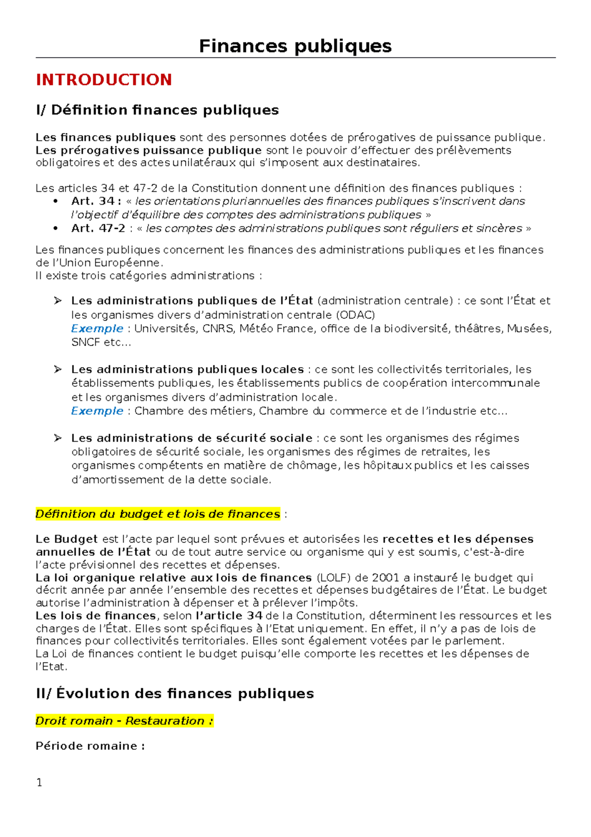 Finances Publiques Cours D taill Finances Publiques INTRODUCTION I