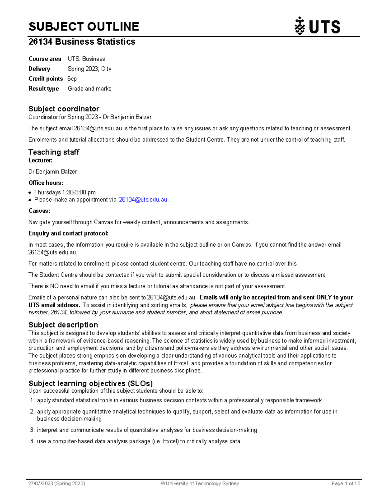 B Stats Outline - SUBJECT OUTLINE 26134 Business Statistics Subject ...
