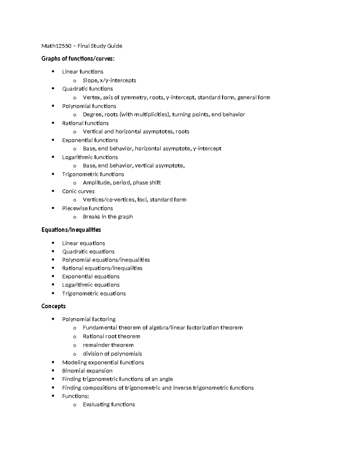Math12250 final exam study guide - Math12550 – Final Study Guide Graphs ...
