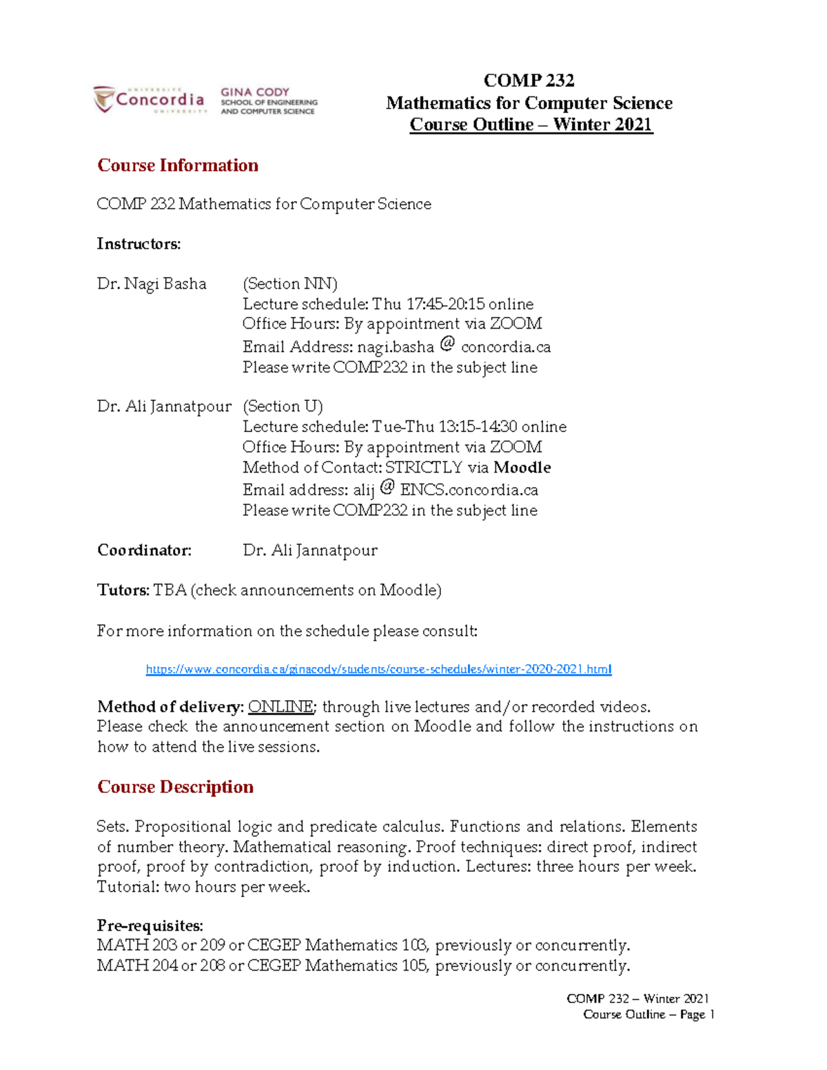 Comp232 2021 winter - COMP 232 – Winter 2021 COMP 232 Mathematics for Computer Science Course ...