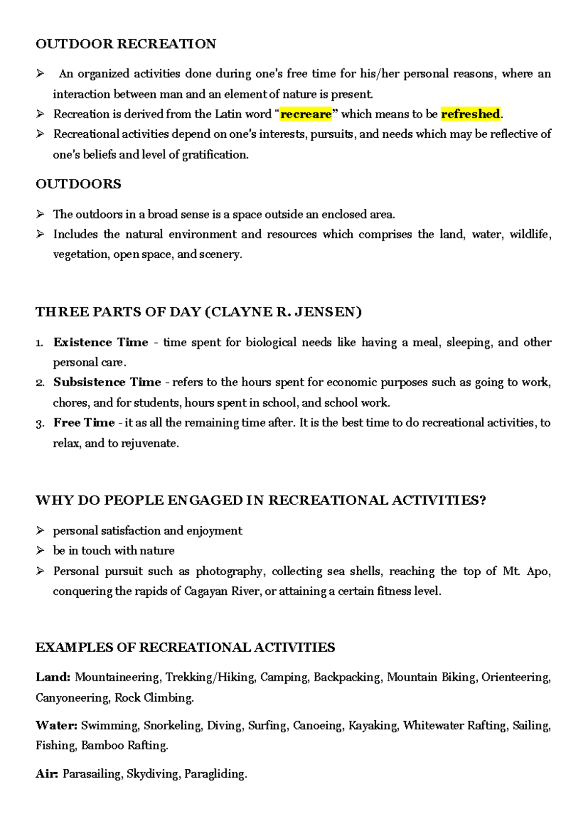 Lesson 1 Outdoor Recreation - OUTDOOR RECREATION An organized ...