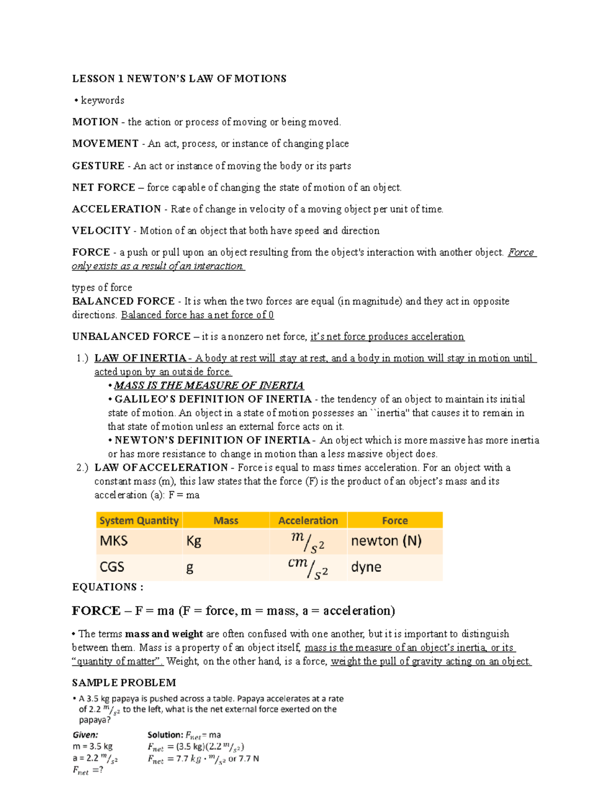 Physics Science Newton's Law of Motion - LESSON 1 NEWTON’S LAW OF ...