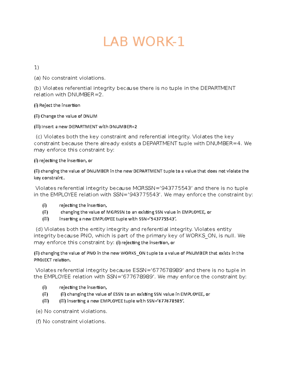 LAB WORK 1 - LAB WORK - LAB WORK- 1) (a) No constraint violations. (b ...