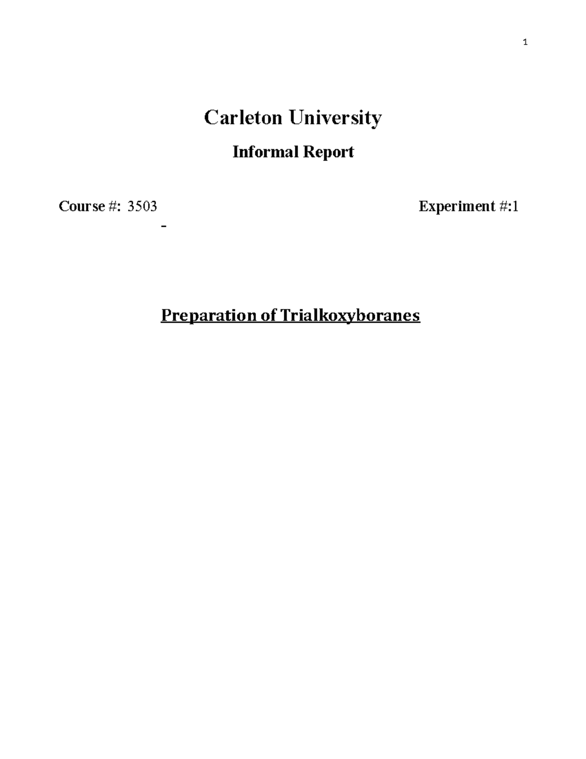 CHEM 3503 Lab 1 ( Report) - Carleton University Informal Report Course ...