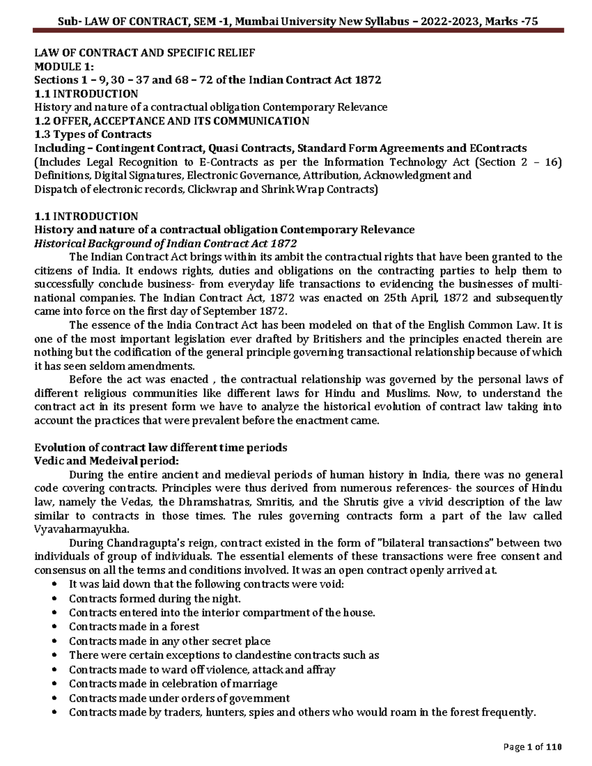 Indian Contract Act MU - LAW OF CONTRACT AND SPECIFIC RELIEF MODULE 1 ...