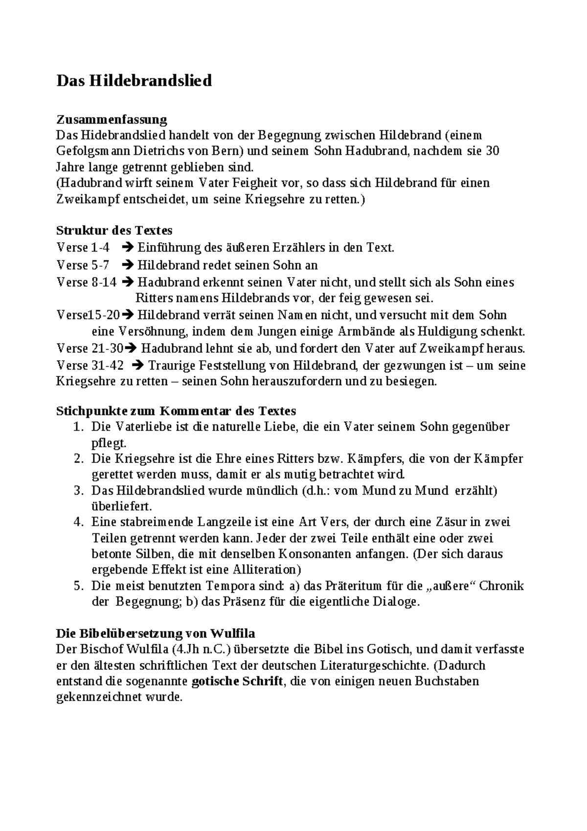 Stichpunkte - Das Hildebrandslied Zusammenfassung Das Hidebrandslied handelt von der Begegnung ...