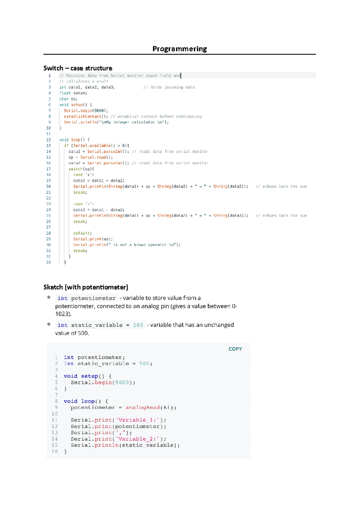 Programmeringsnoter - Programmering Switch – case structure Sketch ...