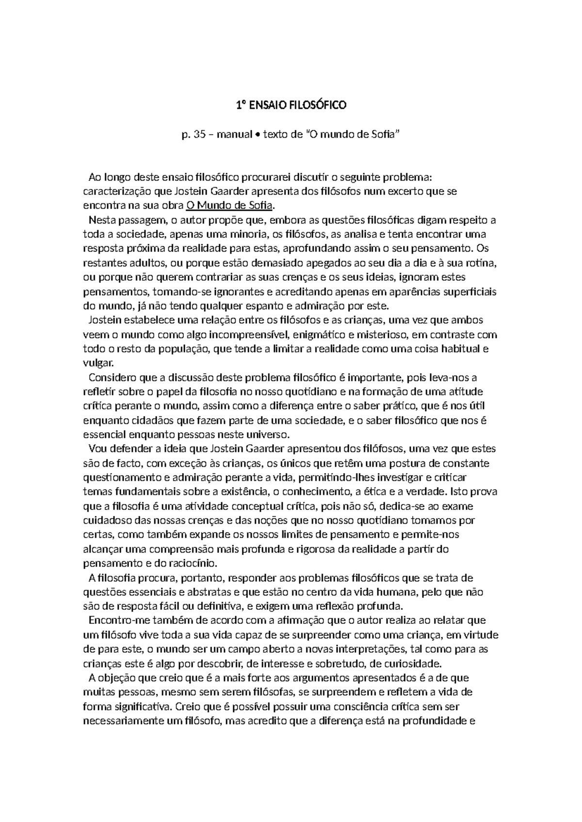 1º Ensaio Filosófico - 1º ENSAIO FILOSÓFICO p. 35 – manual • texto de ...