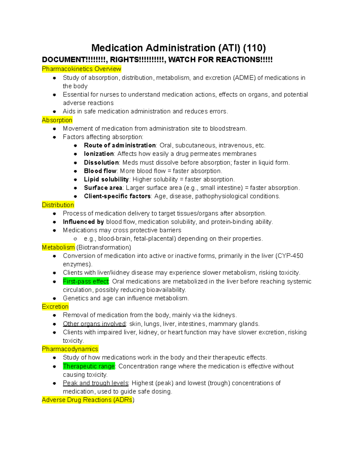 Medication Administration (ATI) (110) - Absorption Movement of ...