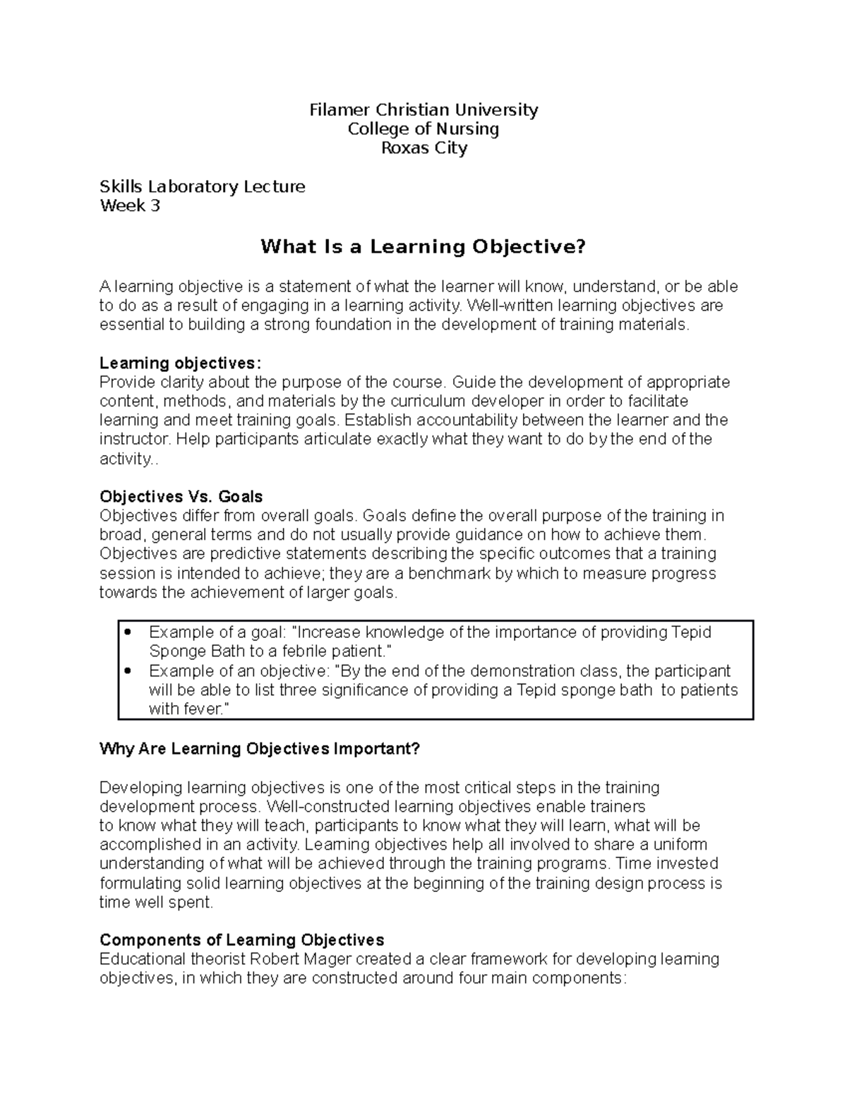What Is a Learning Objective Lecture - Filamer Christian University College of Nursing Roxas ...