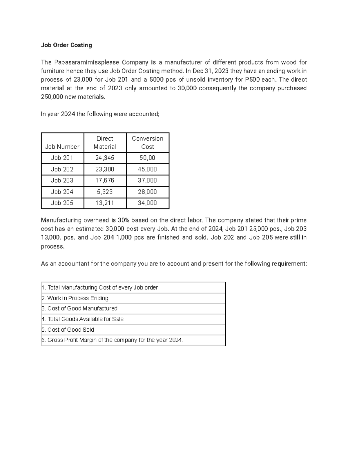 JOB Costing Problem - Job Order Costing The Papasaramimissplease ...