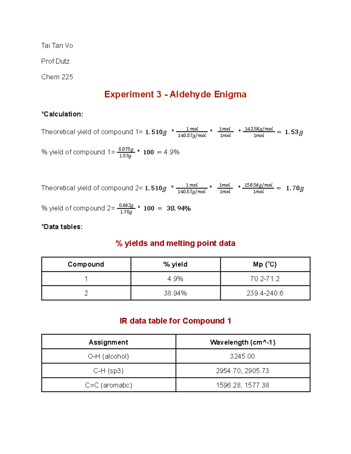 Lab 3 report - Tai Tan Vo Prof Dutz Chem 225 Experiment 3 - Aldehyde ...