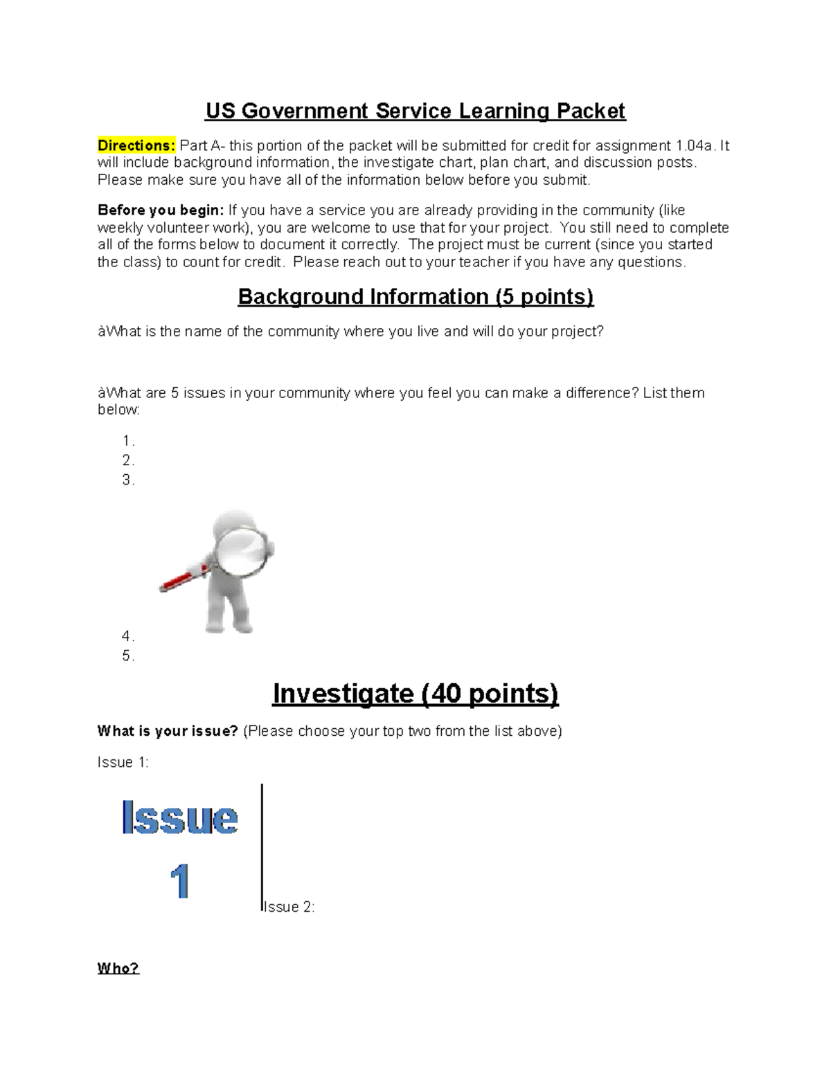 US Government Service Learning Packet - US Government Service Learning ...