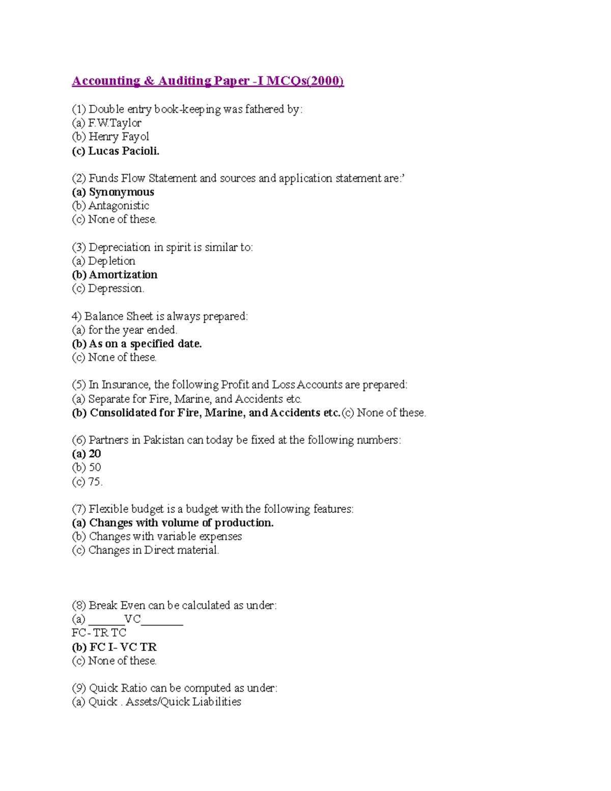 Accounting MCQs - Sample/practice exam, questions and answers ...