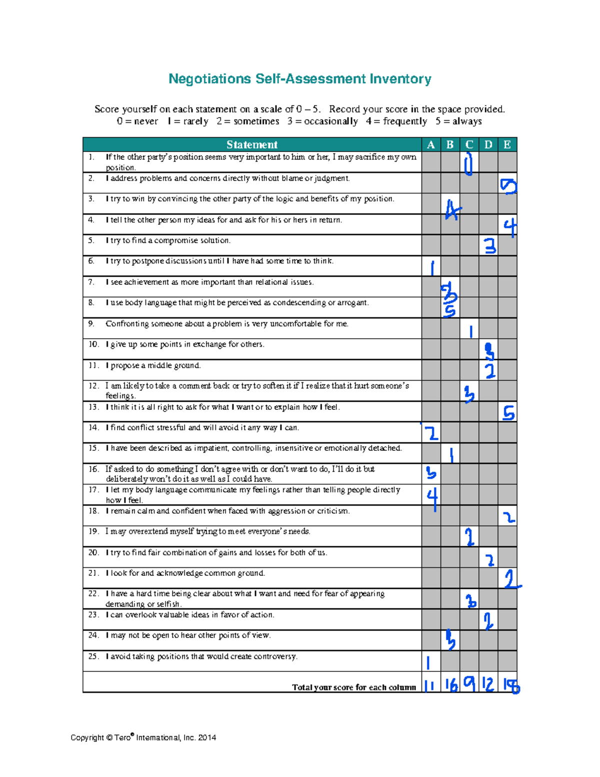 Negotiations Self Assessment Inventory Students - Copyright © Tero ...